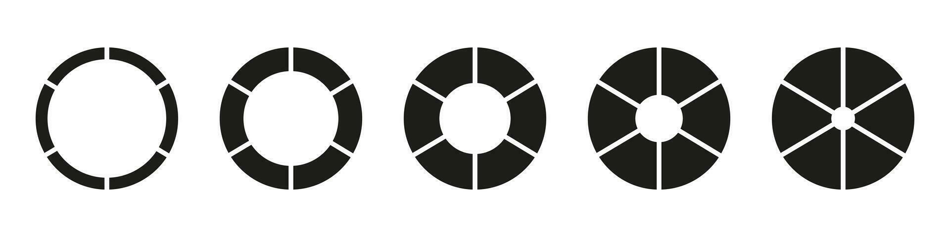 Donut charts, pies segmented on 6 equal parts. Wheels round divided in six sections. Diagrams ...