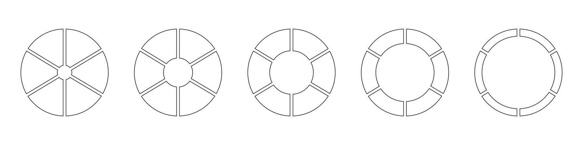 Outline donut charts or pies segmented on 6 equal parts. Wheels round divided in six sections ...