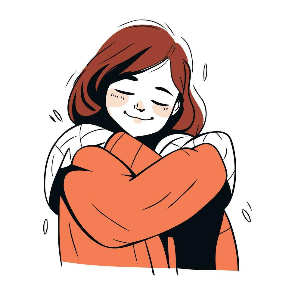 Beautiful Young Woman Hugging Herself Vector Illustration On White