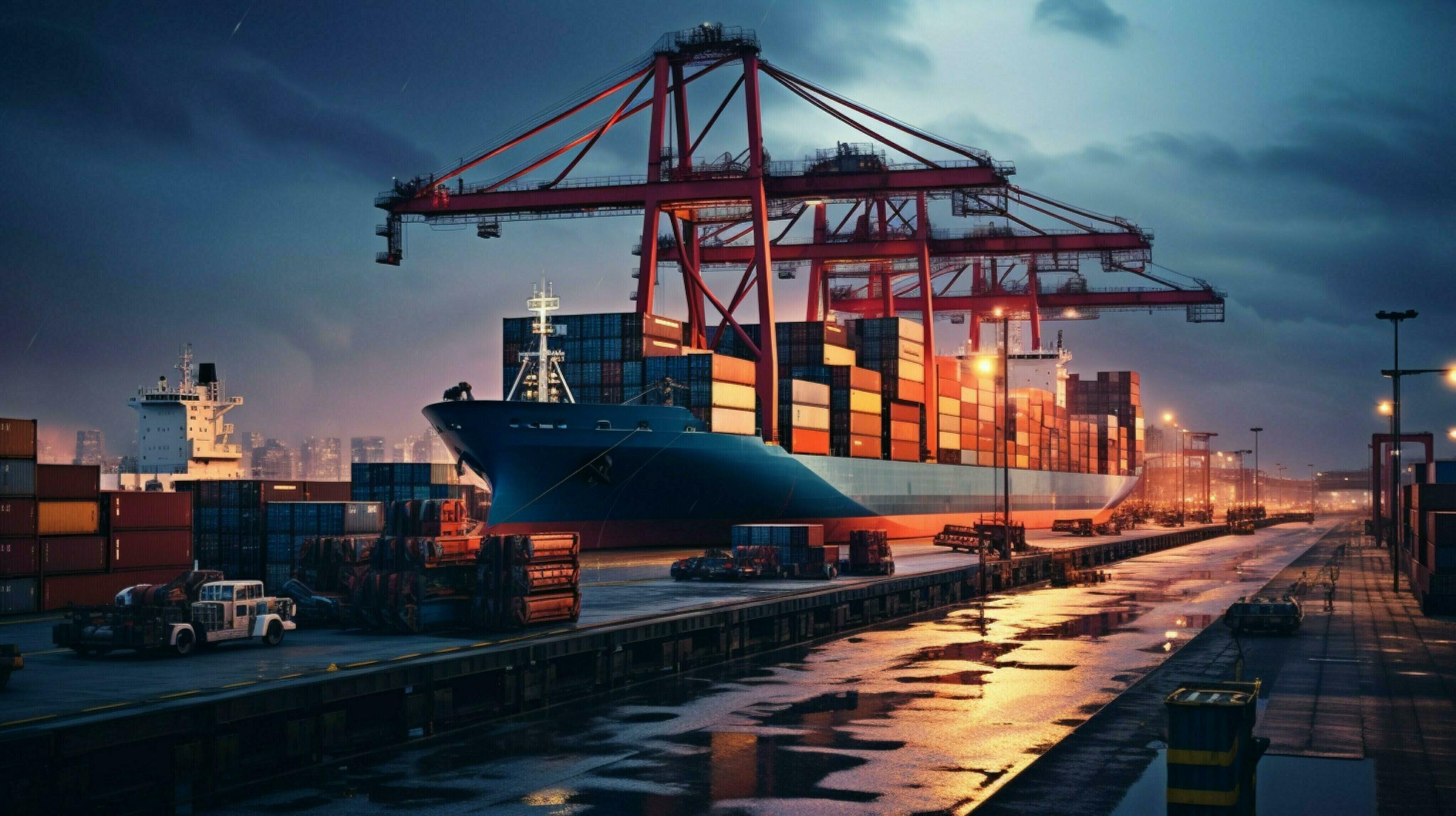 container ship unloading at commercial dock at dusk 32936027 Stock Photo at Vecteezy
