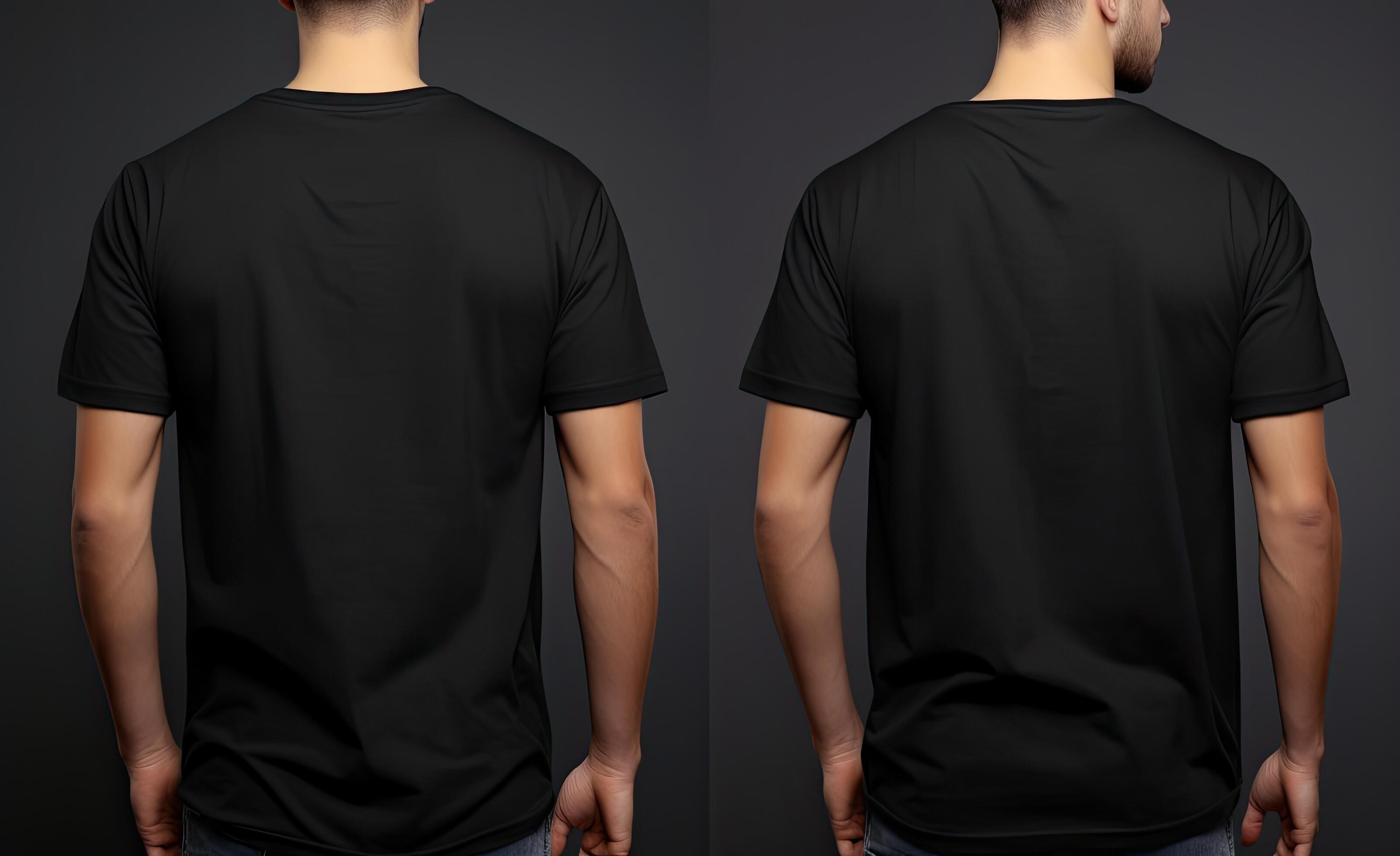 Man in black t shirt on dark background. Mockup for design, Male model ...