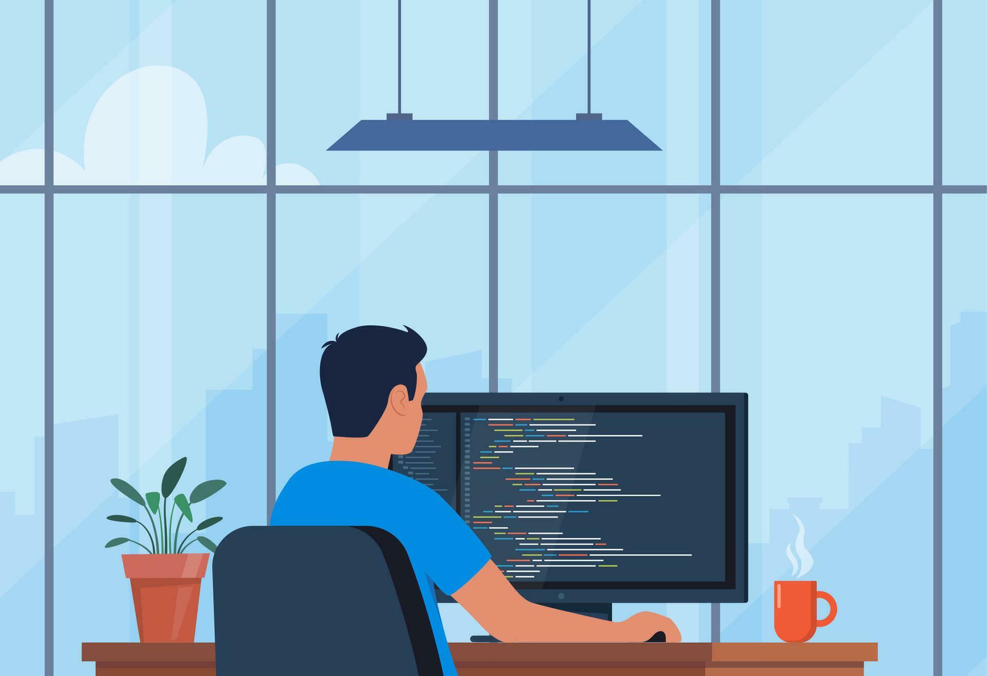 Young man writing code on a desktop computer. Software developer at work. Workplace with modern ...