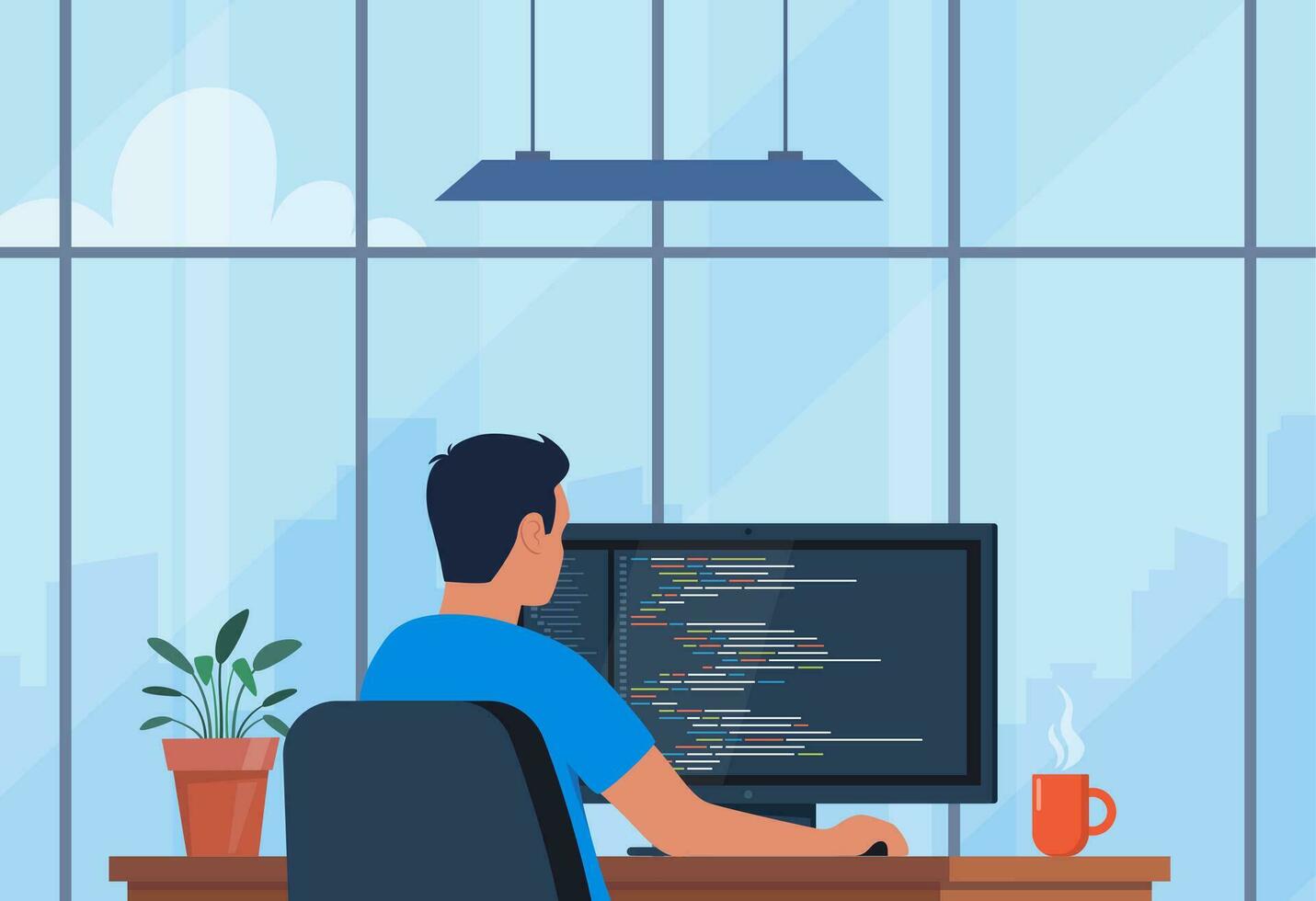 Young Man Writing Code On A Desktop Computer Software Developer At Work Workplace With Modern