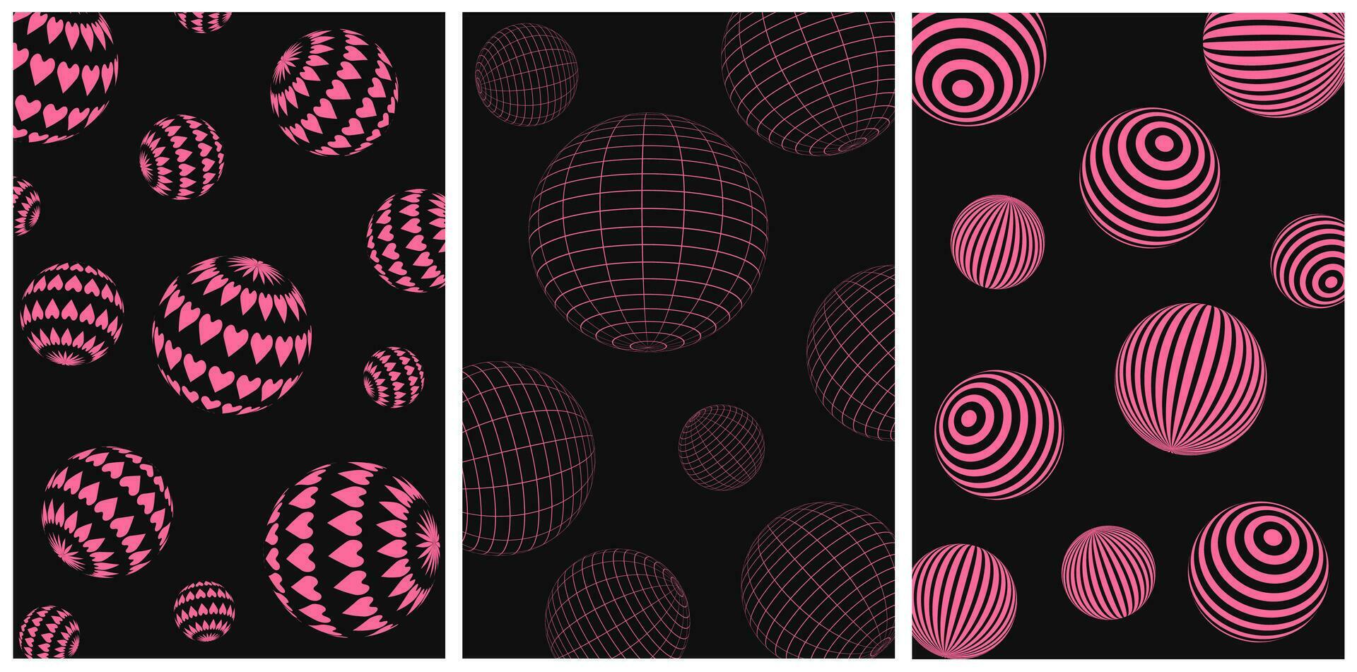 Set of posters with abstract 3D wireframe shapes patterns. Cyber neo futuristic grids. heart ...
