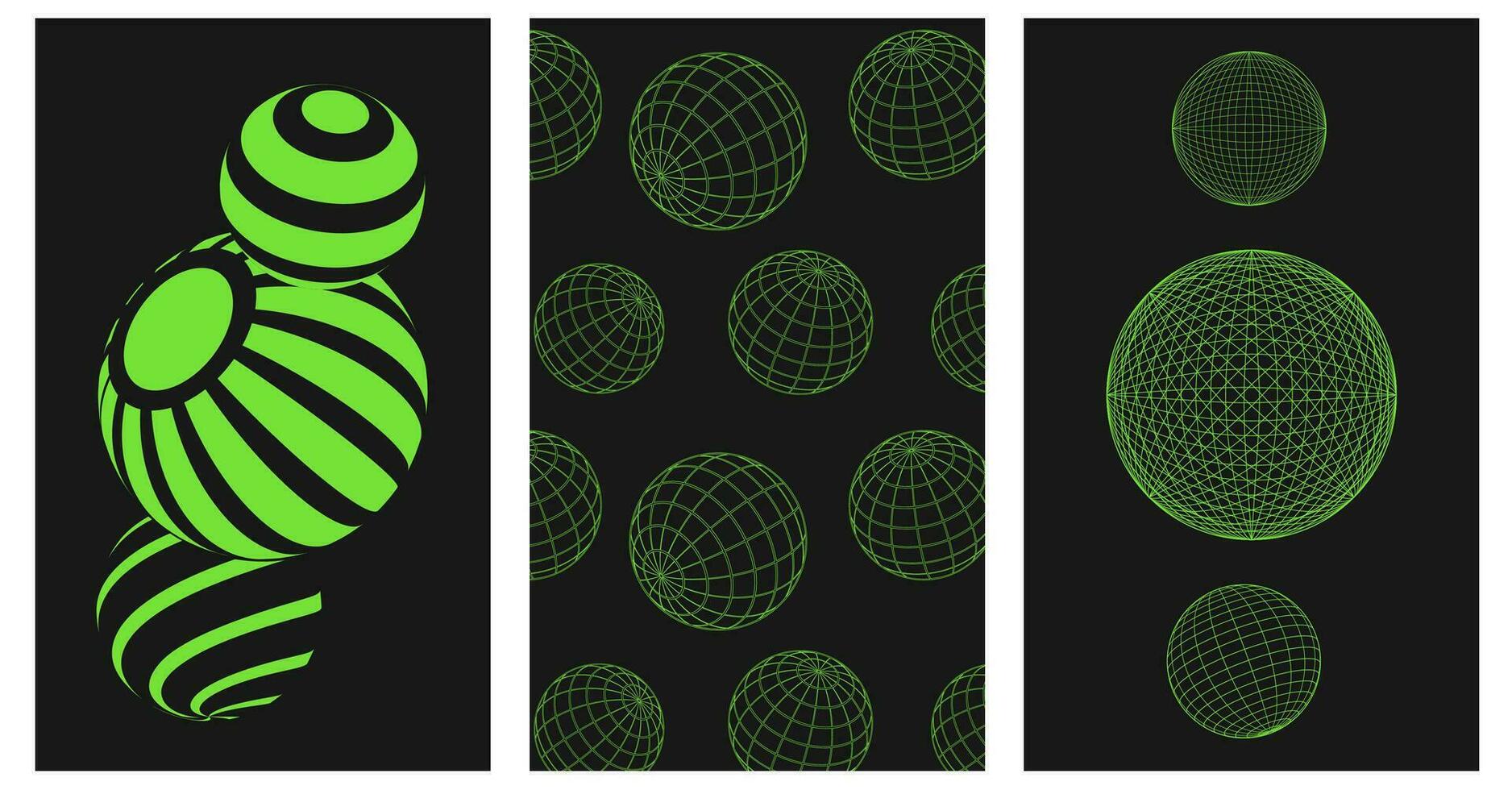 A set of posters with abstract 3D wireframe shapes. Cyber neo futuristic grids. Wireframe wavy ...
