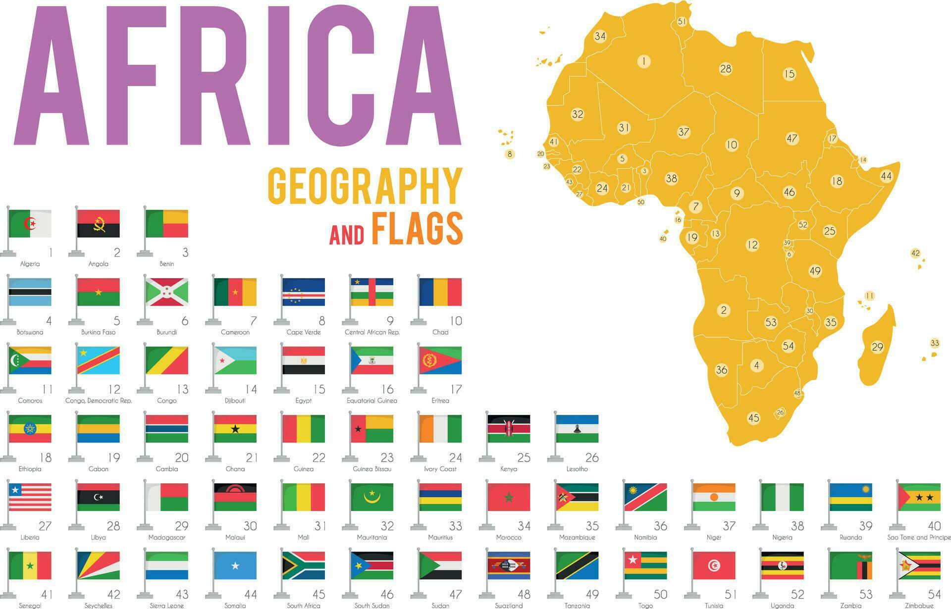 Set of 54 flags of Africa isolated on white background and map of ...