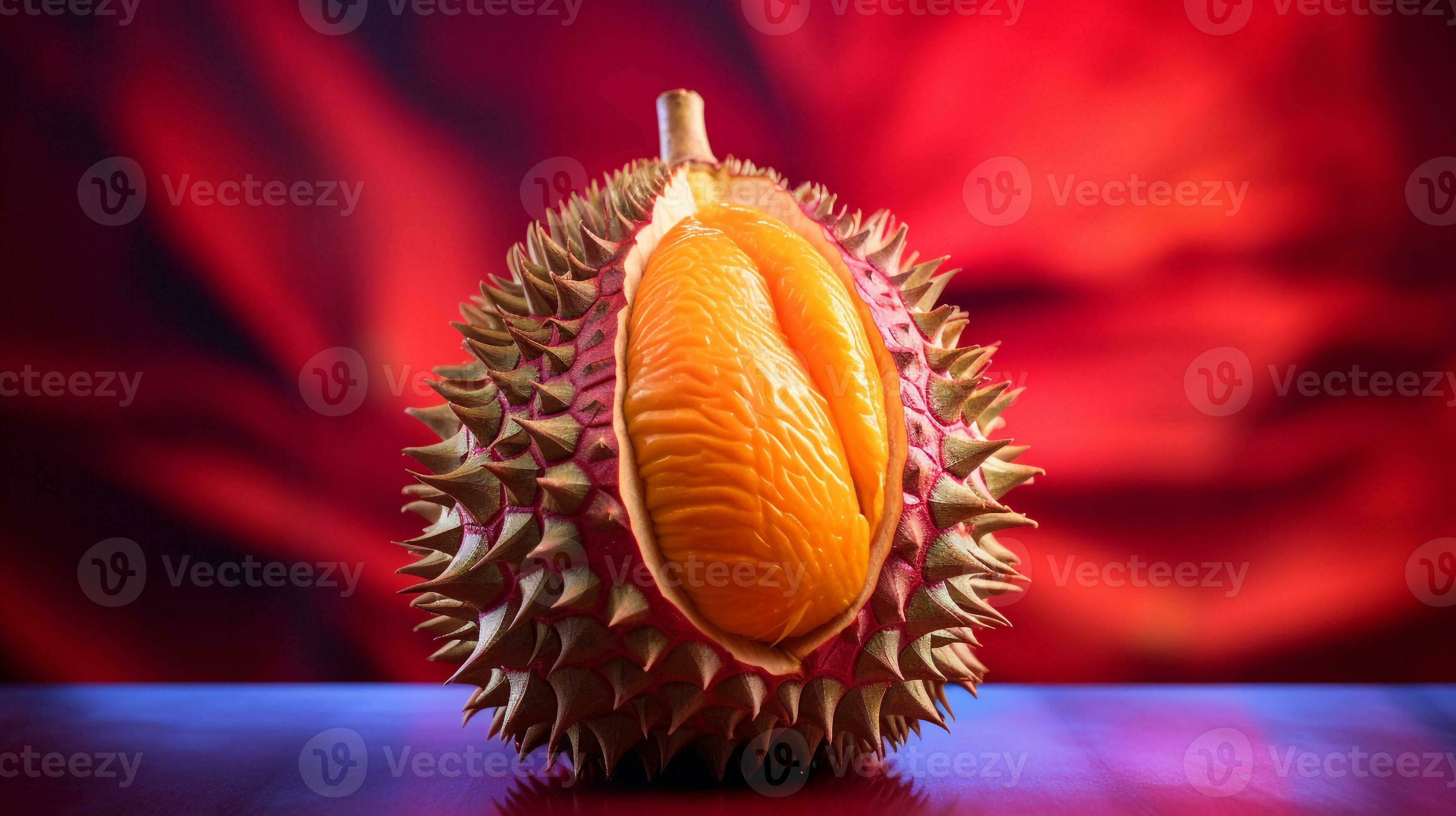 Photo of Red durian fruit half against a colorful abstract background ...