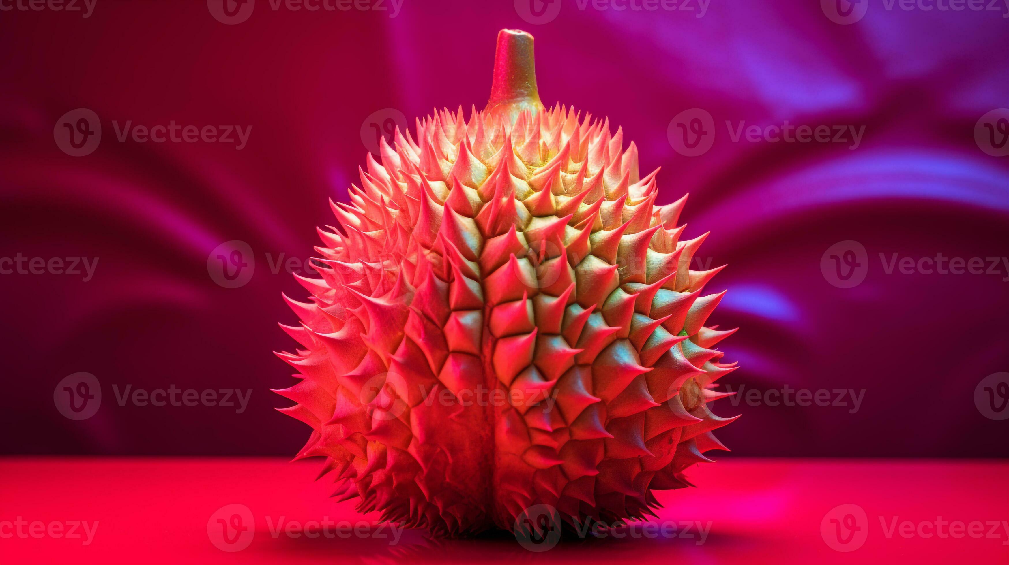 Photo of Red durian fruit half against a colorful abstract background ...