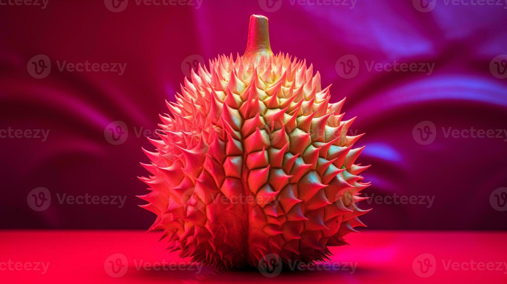 Photo of Red durian fruit half against a colorful abstract background ...