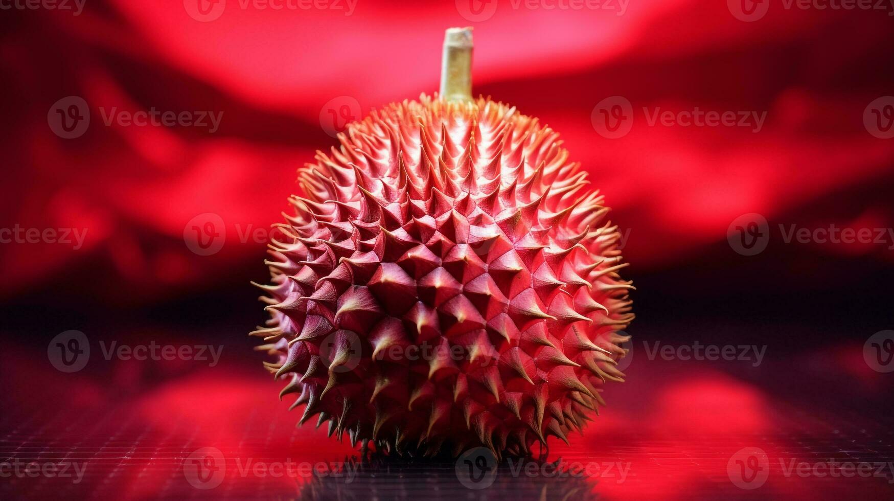 Photo of Red durian fruit half against a colorful abstract background ...