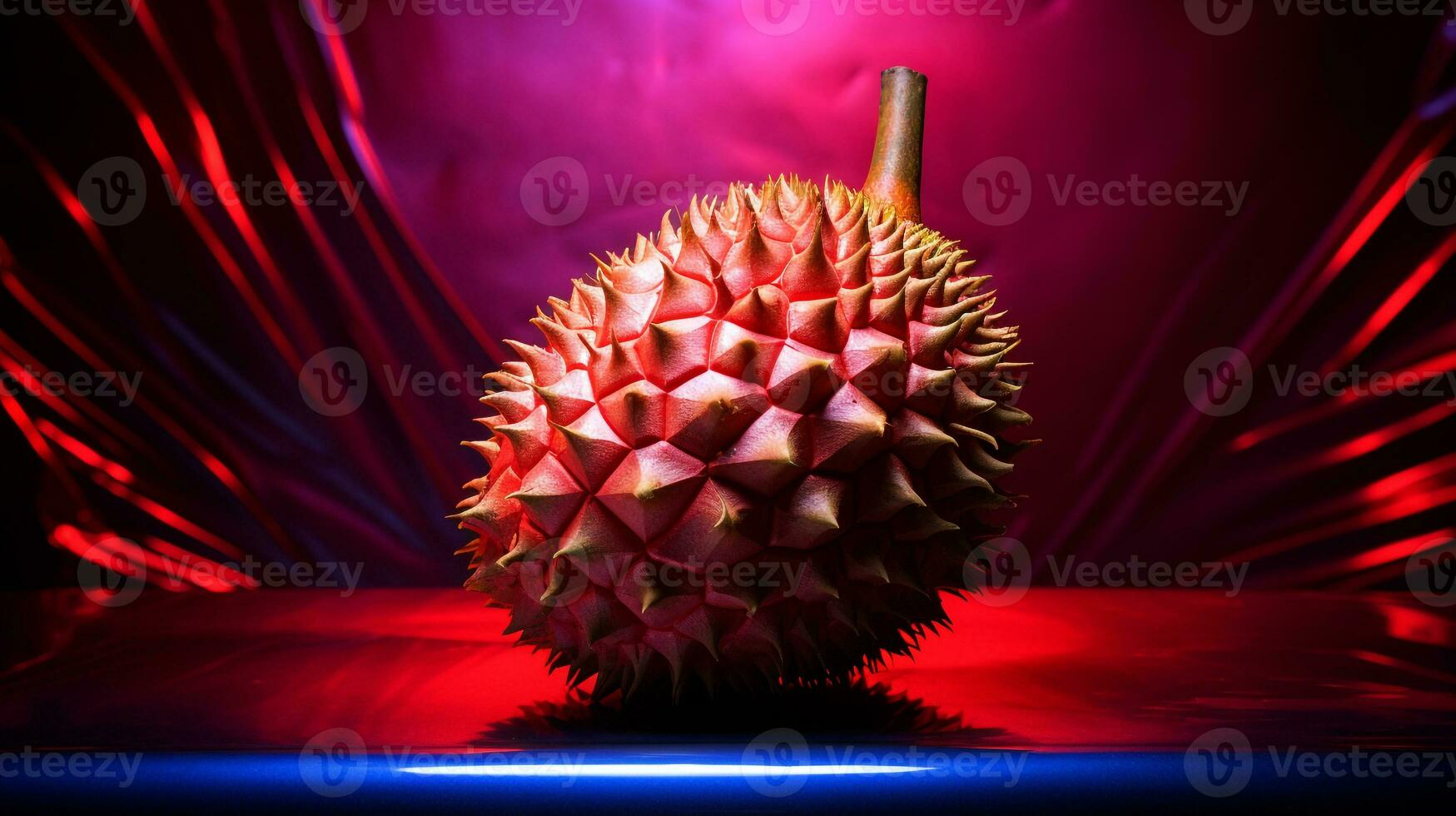Photo of Red durian fruit half against a colorful abstract background ...