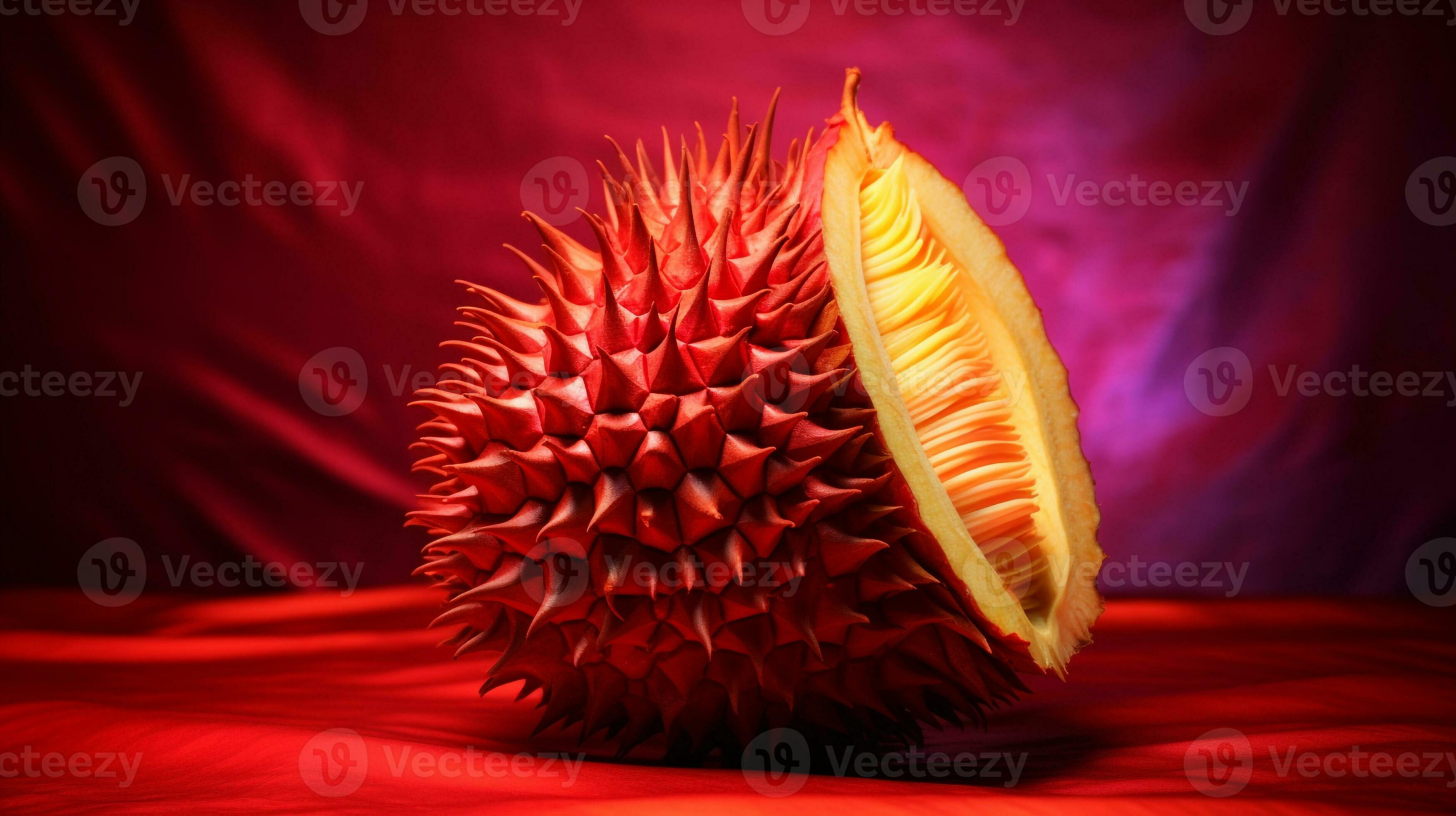 Photo of Red durian fruit half against a colorful abstract background ...