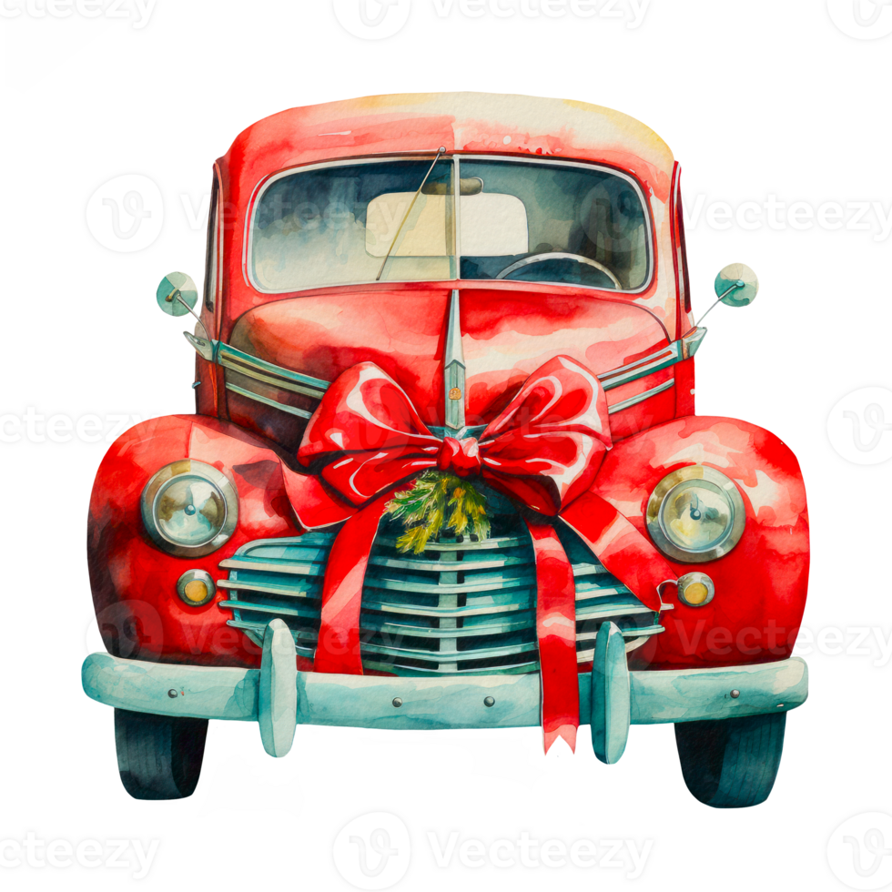 Cute christmas watercolor retro car. AI Generative 32986709 PNG