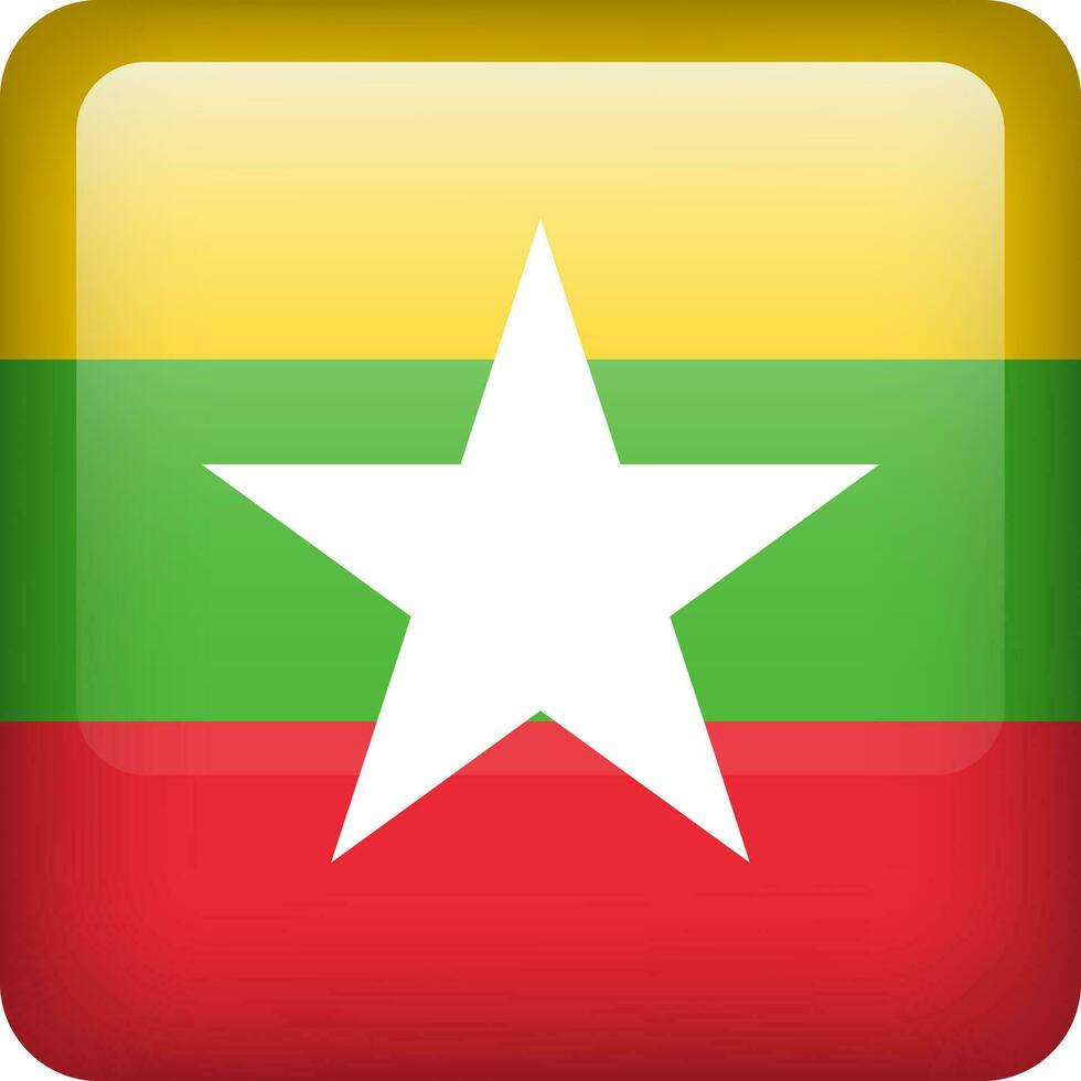 3d vector Myanmar flag glossy button. Myanmar national emblem. Square icon with flag of Myanmar ...