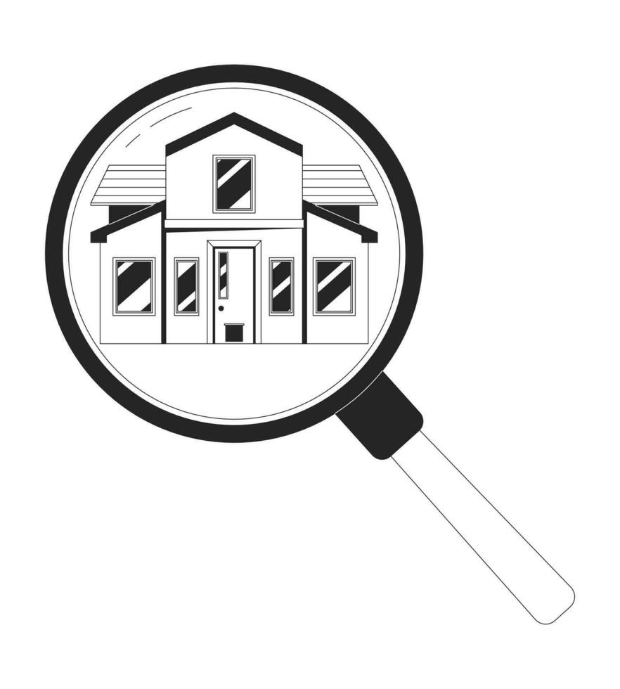 Loupe searching house black and white 2D line cartoon object. Agency real estate magnifying ...