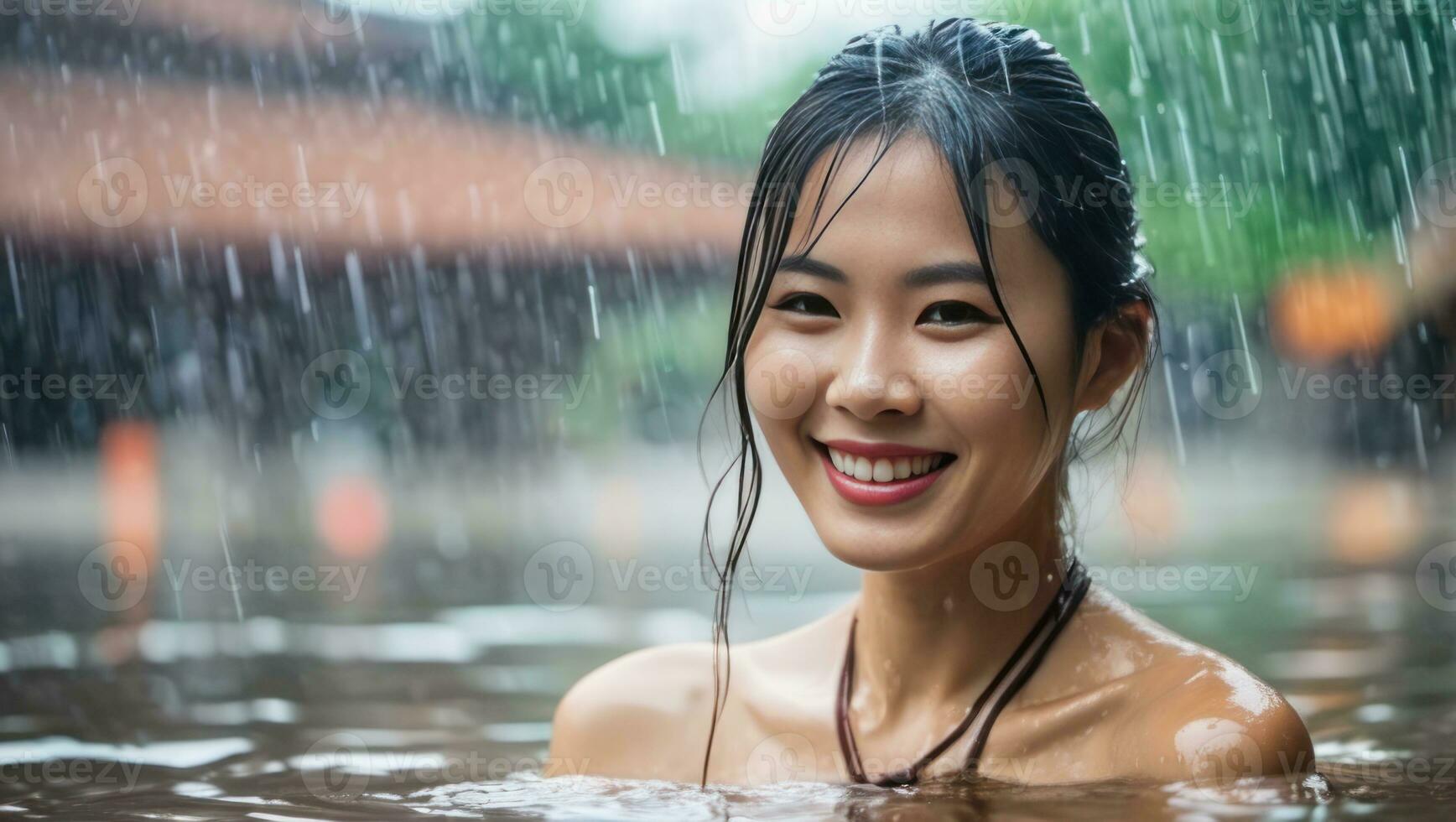 Portrait Of Beautiful Erotic Smiling Wet Asian Woman In The Water In The Rain Generative Ai