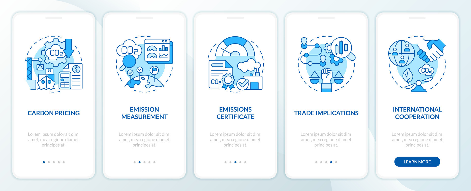 Blue Linear Icons Representing Carbon Border Adjustment Mobile App Screen Set 5 Steps Graphic