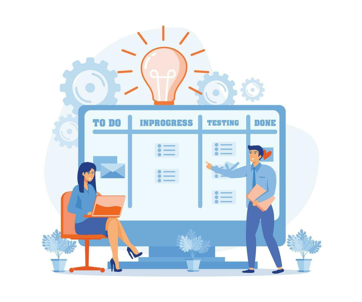 agile visual project management method, teamwork concepts. programmer team moving cards on ...