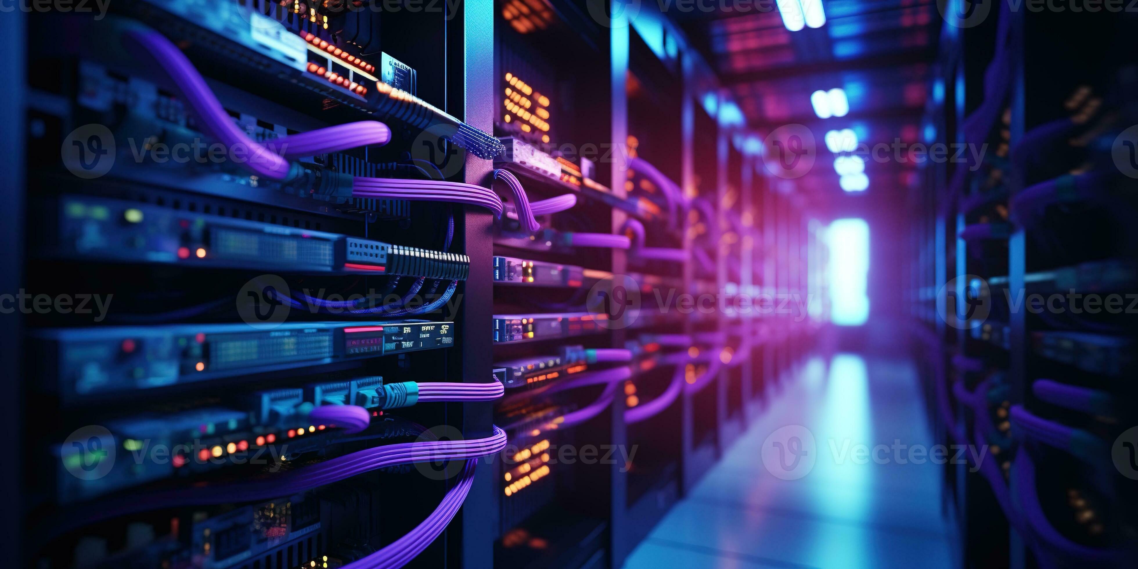 Generative AI, Closeup shot of networking cable in the server room, server rack with fiber optic ...