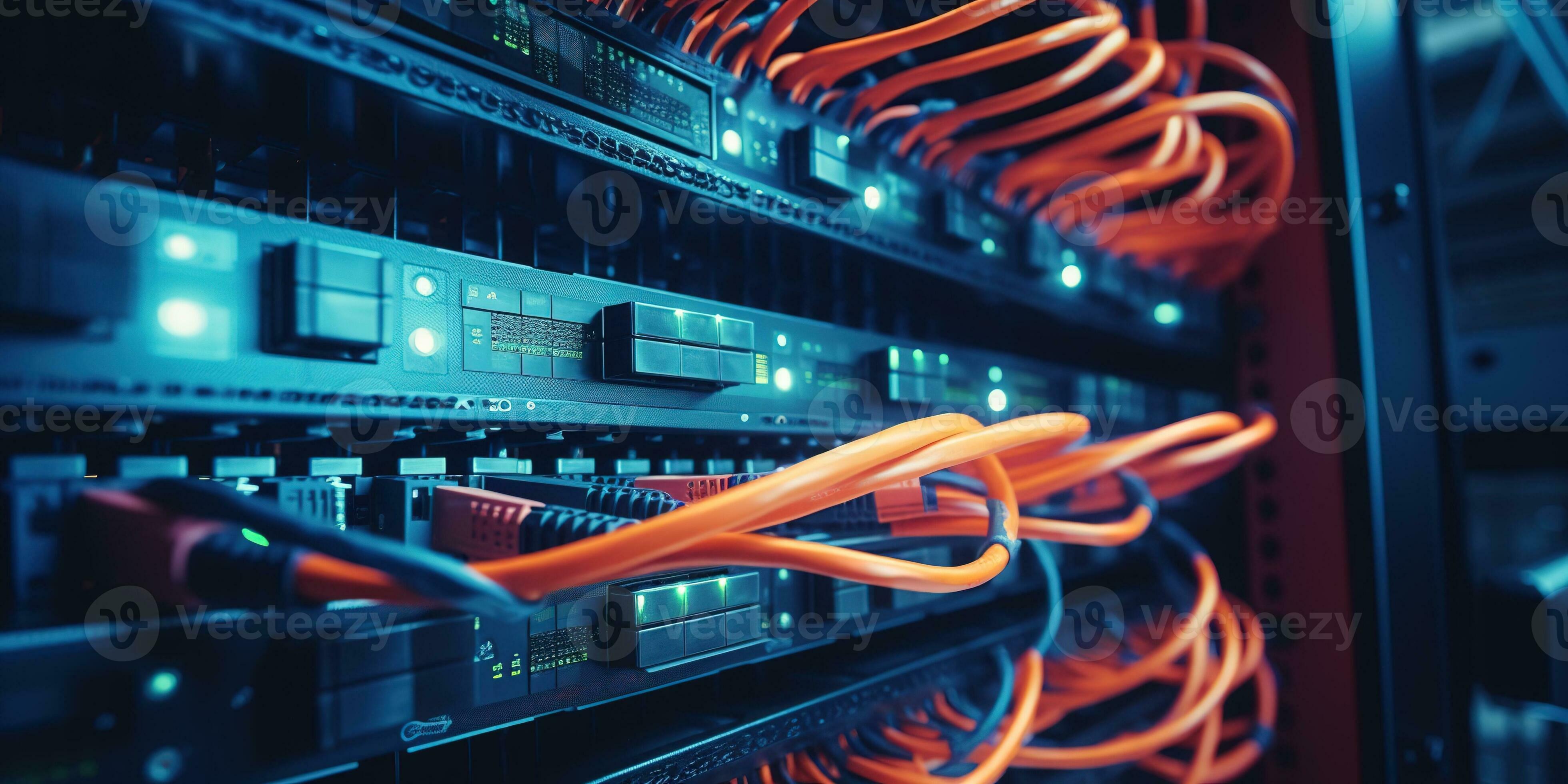 Generative AI, Closeup shot of networking cable in the server room, server rack with fiber optic ...