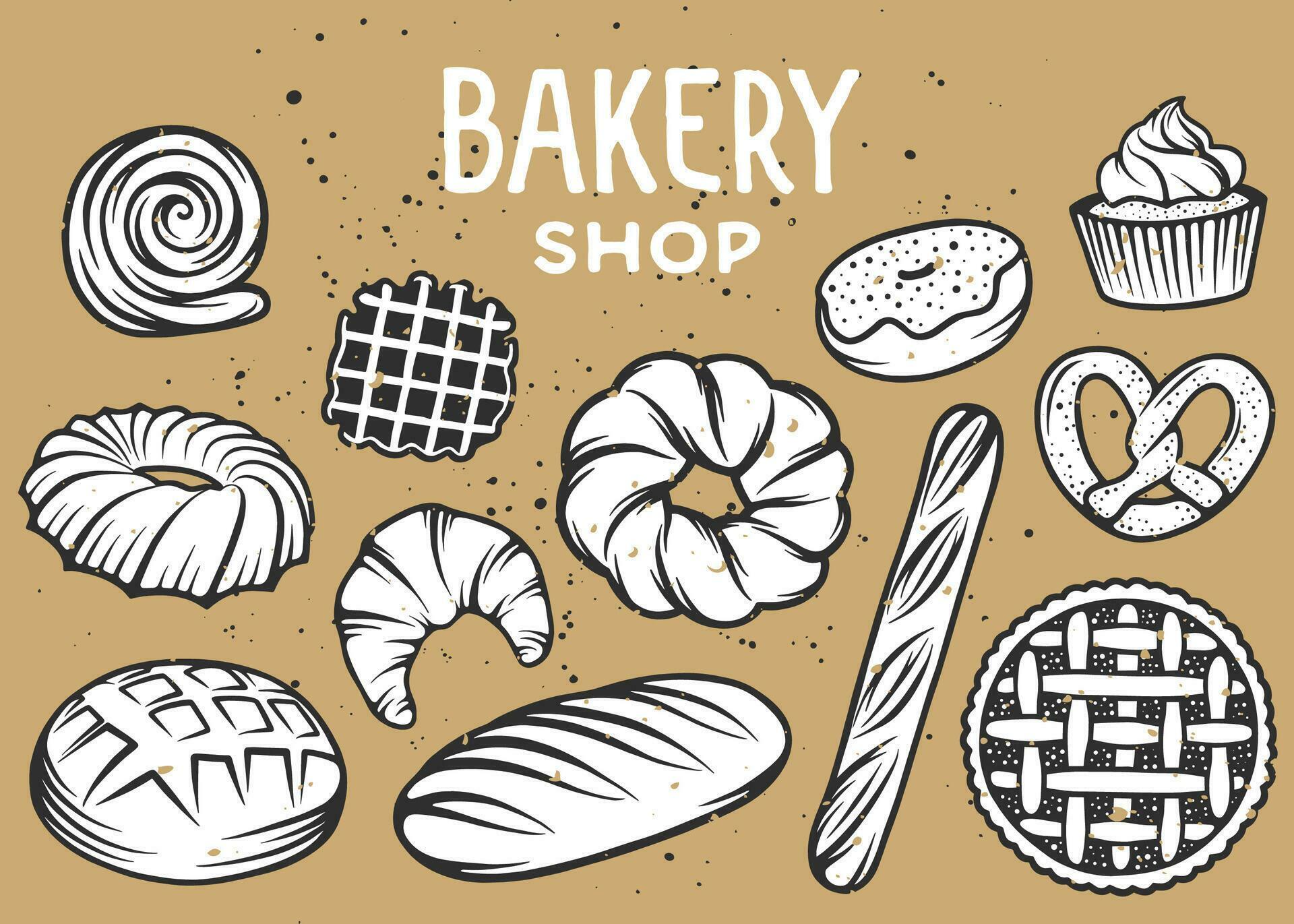 Set of vector bakery engraved elements. Typography design with bread, pastry, pie, buns, sweets ...