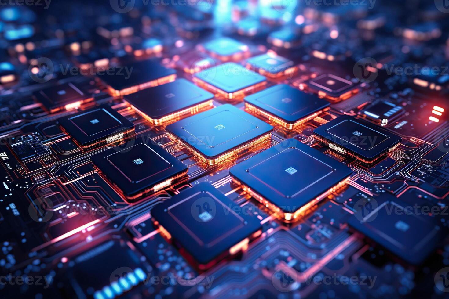 close up macro shot of circuit cyberspace board with computer motherboard component microchip ...