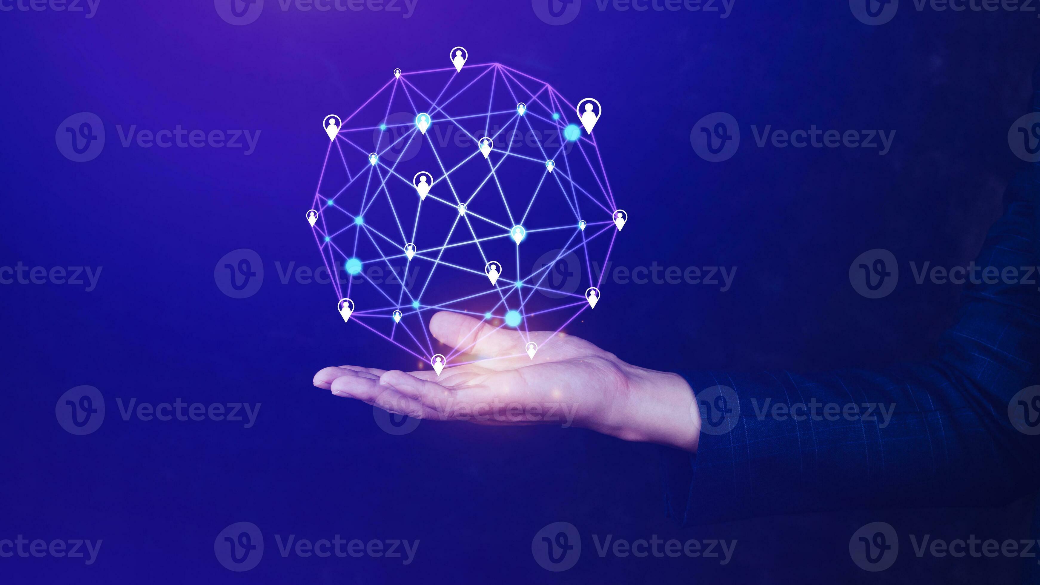 Businessman hand touching global infrastructure network on virtual screen working with client ...