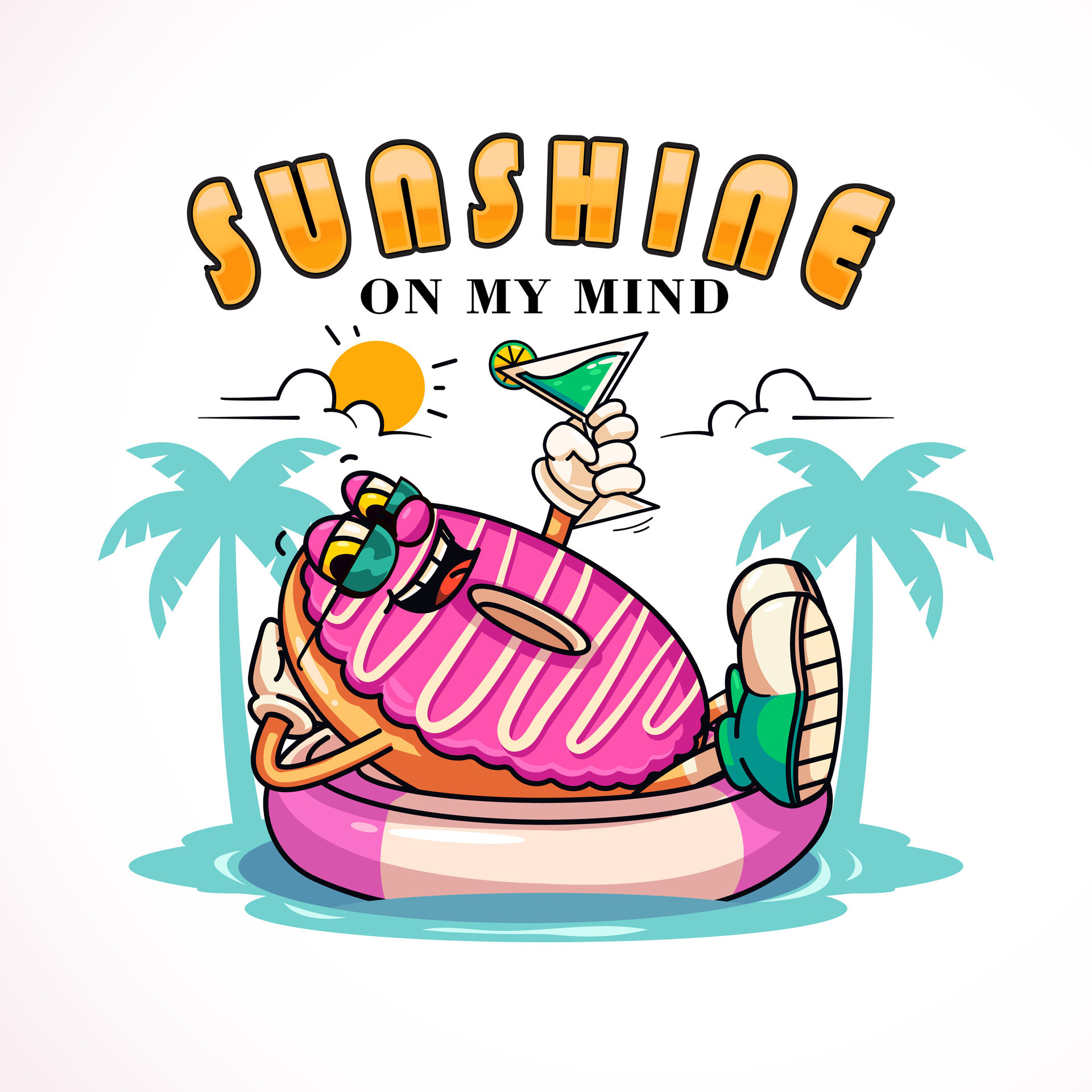 rosquillas relajarse en un flotador mientras Bebiendo tequila. adecuado para logotipos, mascotas ...