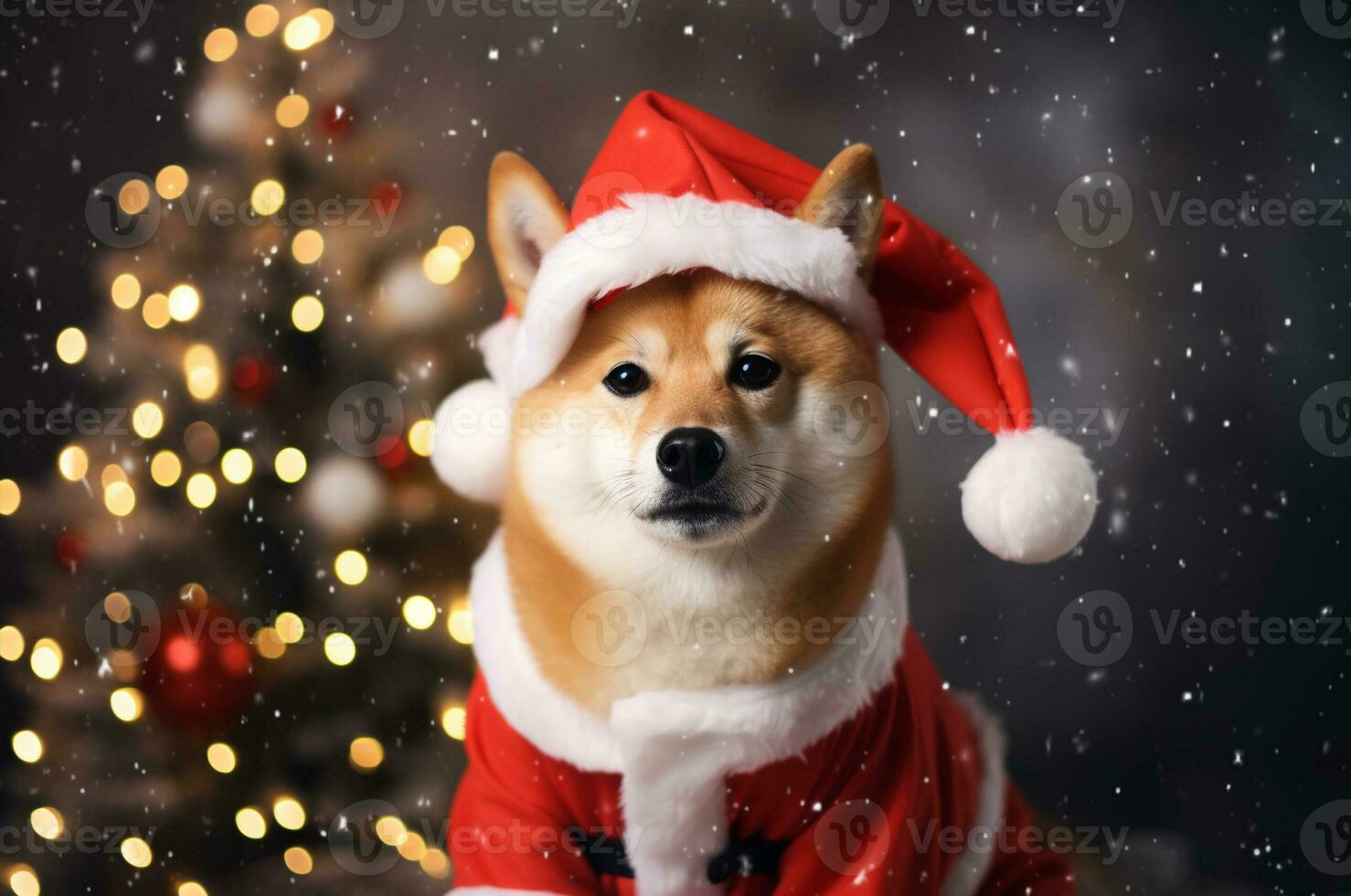Shiba Inu in Santa's Christmas costume against the background of a Christmas tree and snow ...