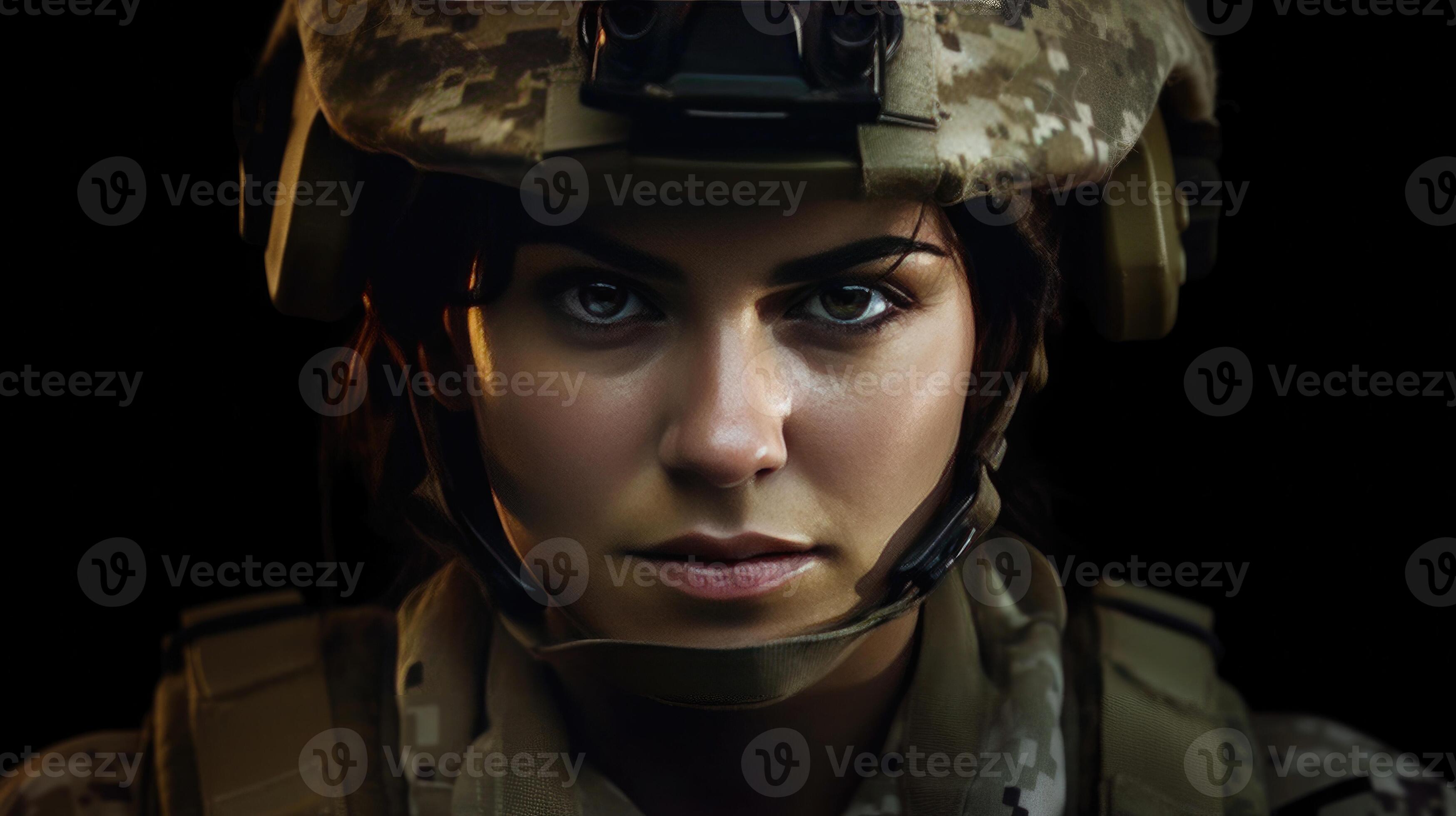 A Strong Looking Woman Wearing Military Uniform Including Camouflage Fatigues And A Helmet She