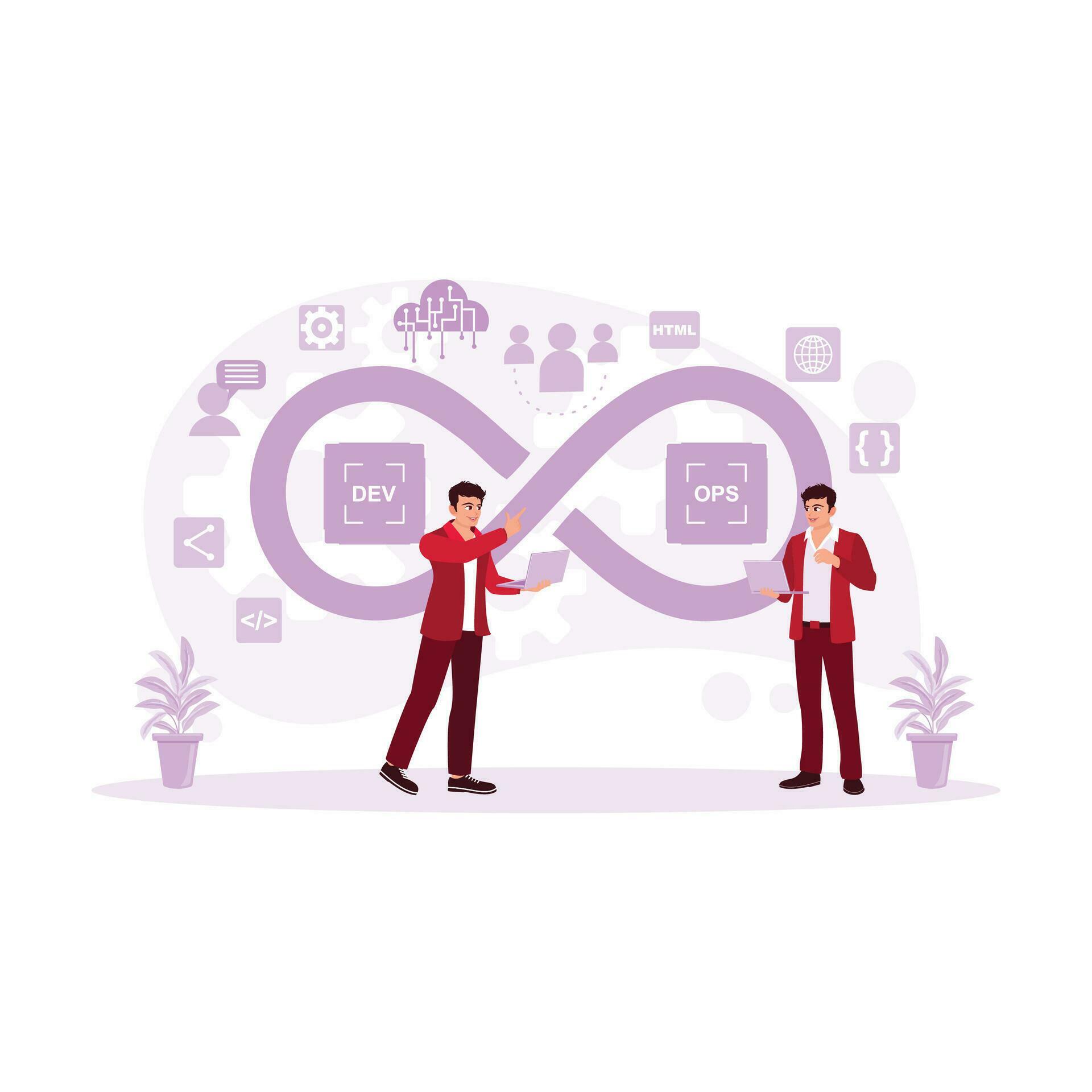 Two DevOps software developers and IT operations engineers work in an ...