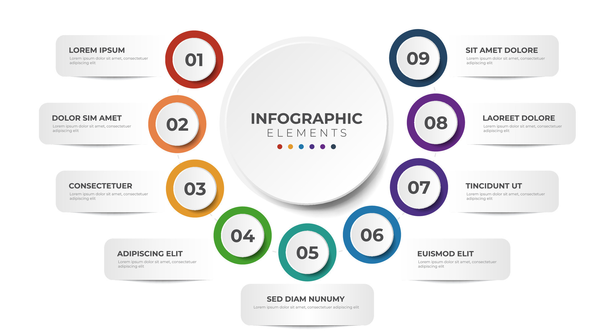 9 list of steps, circular layout diagram with number of sequence, infographic element template ...