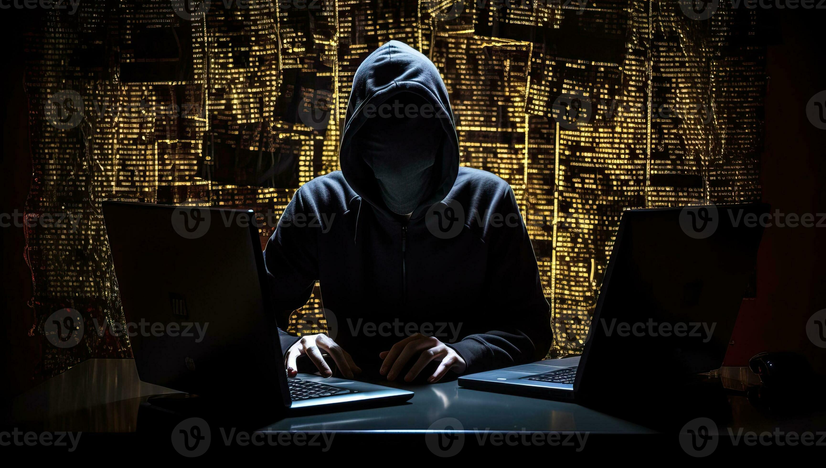 Hooded Hacker Stealing Data From A Laptop At Night Cybercrime Concept Ai Generated 33096382