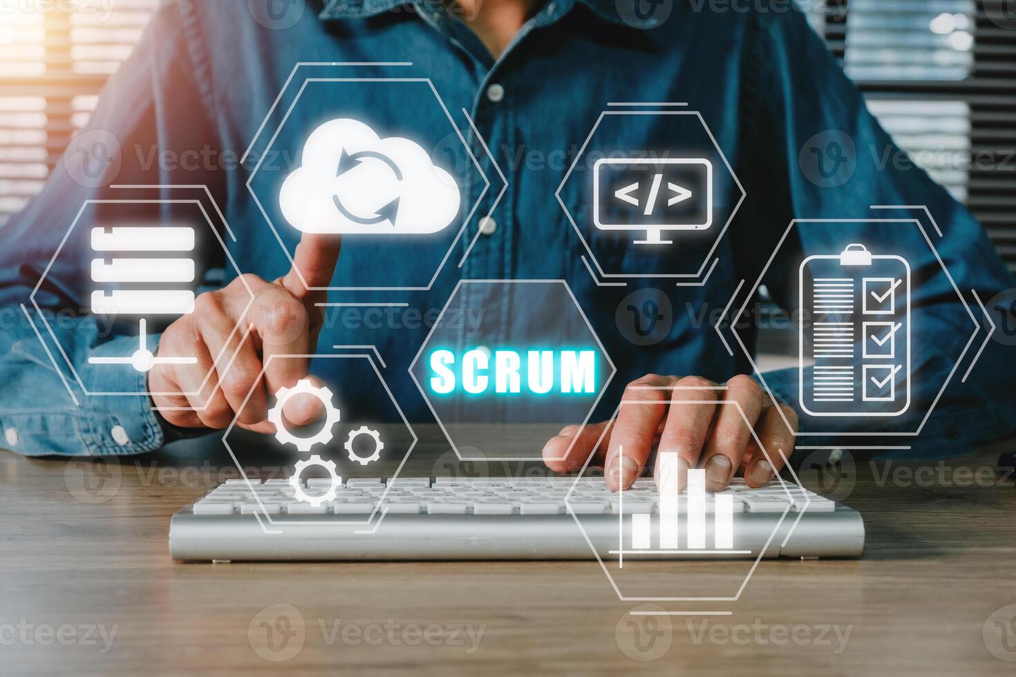 SCRUM, Man hand using laptop computer with SCRUM icon on VR screen ... SCRUM, Man hand using laptop computer with SCRUM icon on VR screen ...