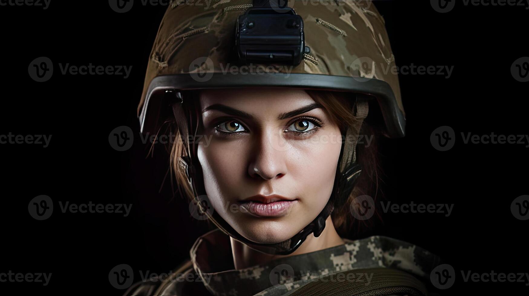 A Strong Looking Woman Wearing Military Uniform Including Camouflage Fatigues And A Helmet She