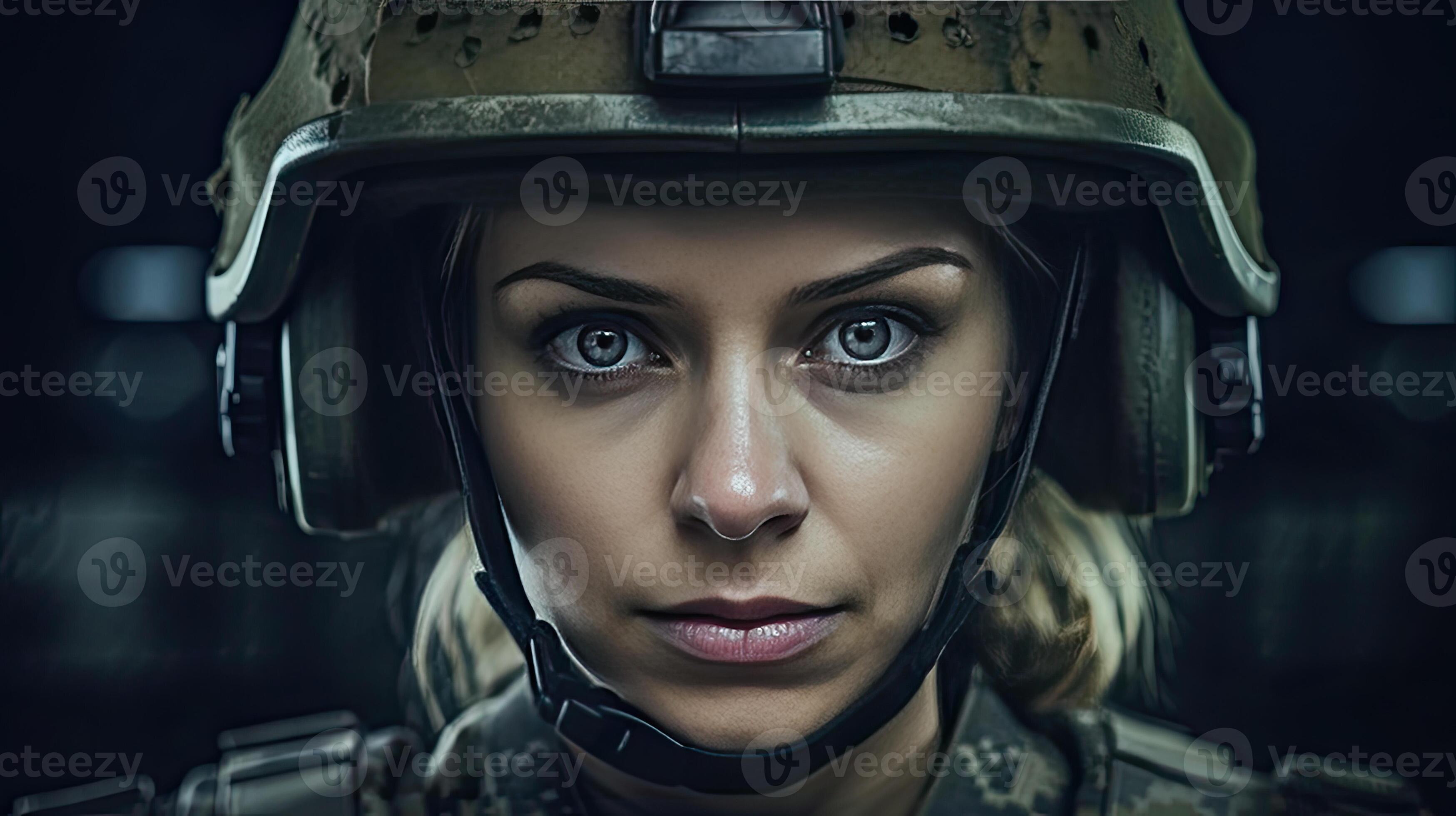 A Strong Looking Woman Wearing Military Uniform Including Camouflage Fatigues And A Helmet She