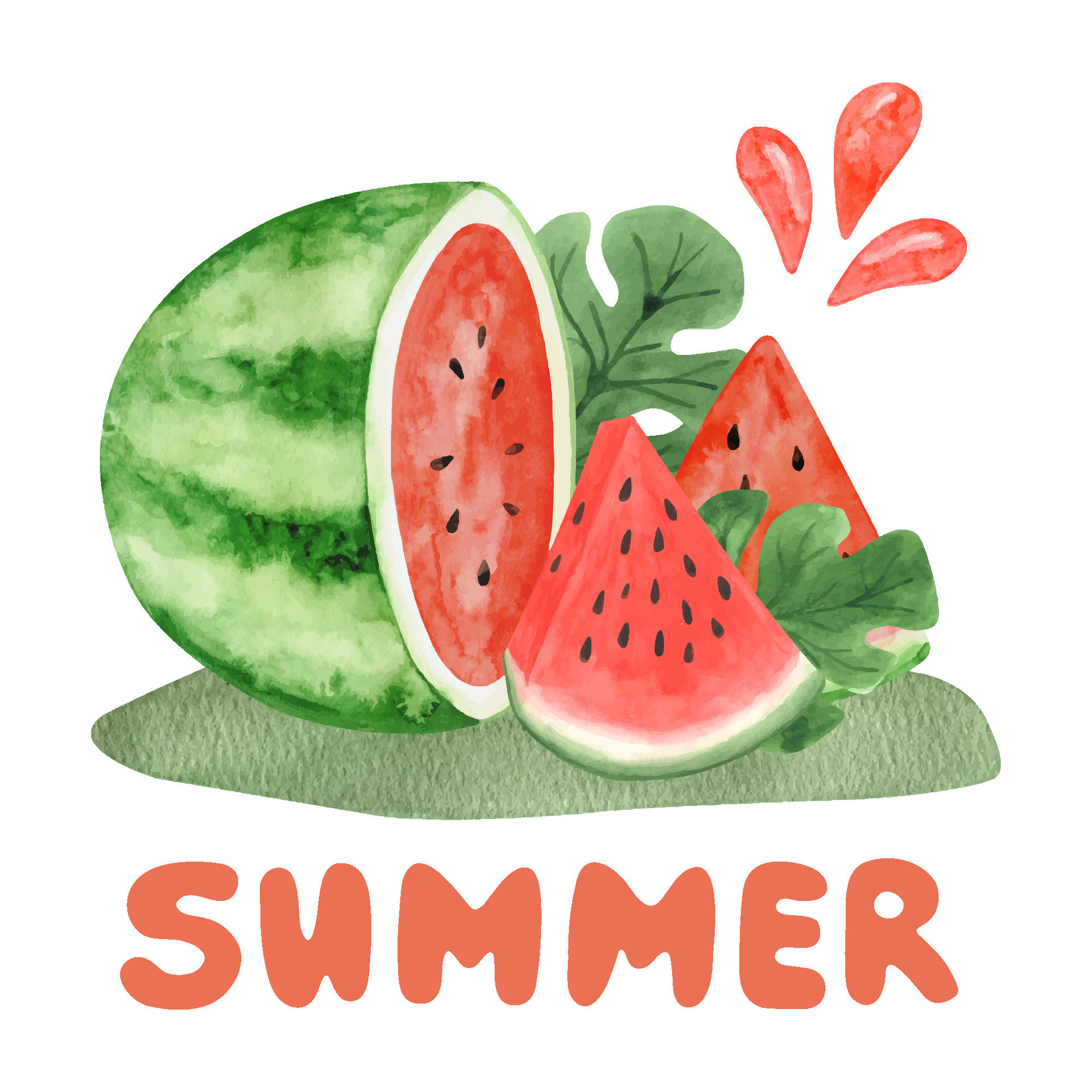 Watercolor watermelon ripe slices and greenery clipart. Summer ...