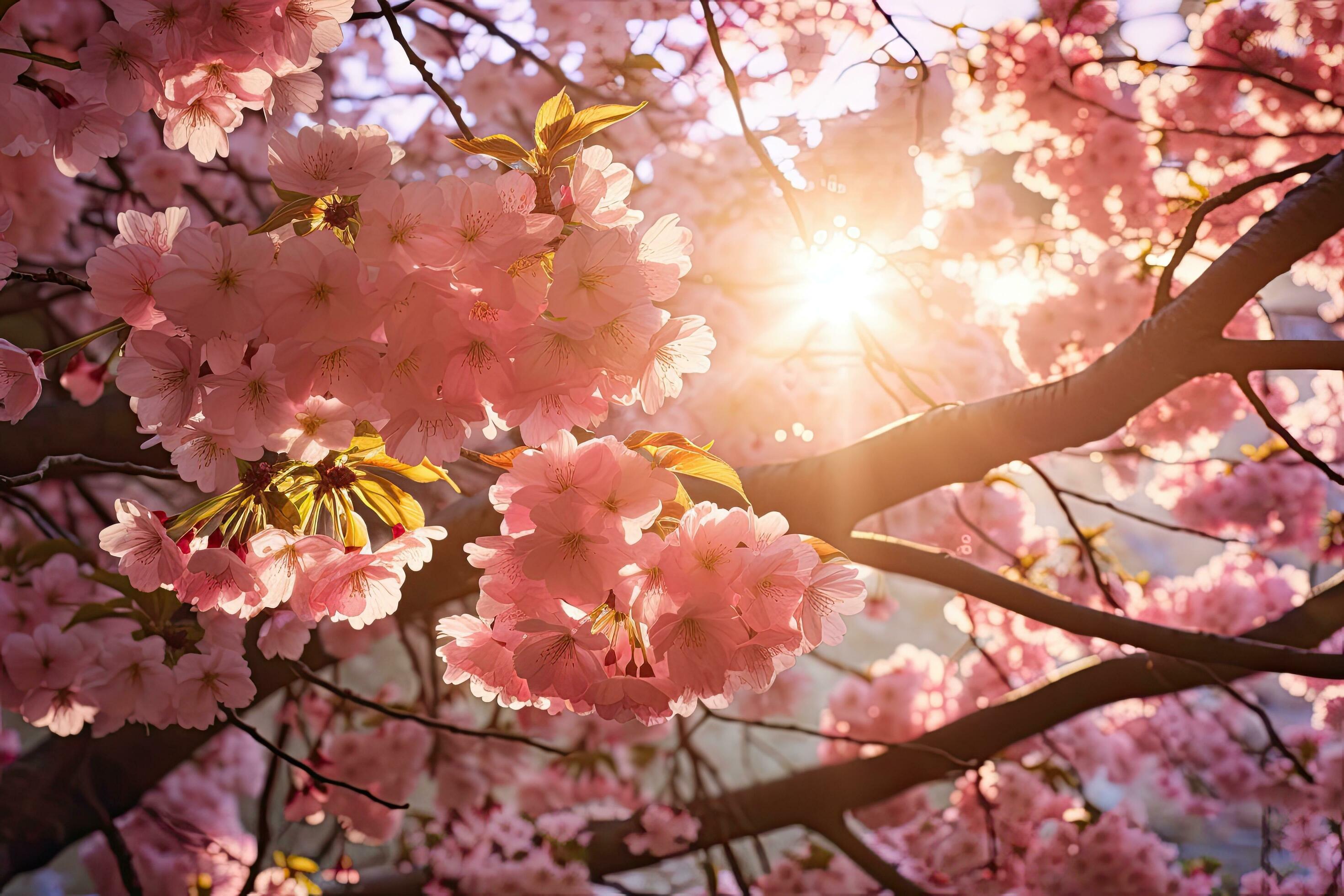 cherry blossom in springtime with sun rays and lens flare, Spring ...