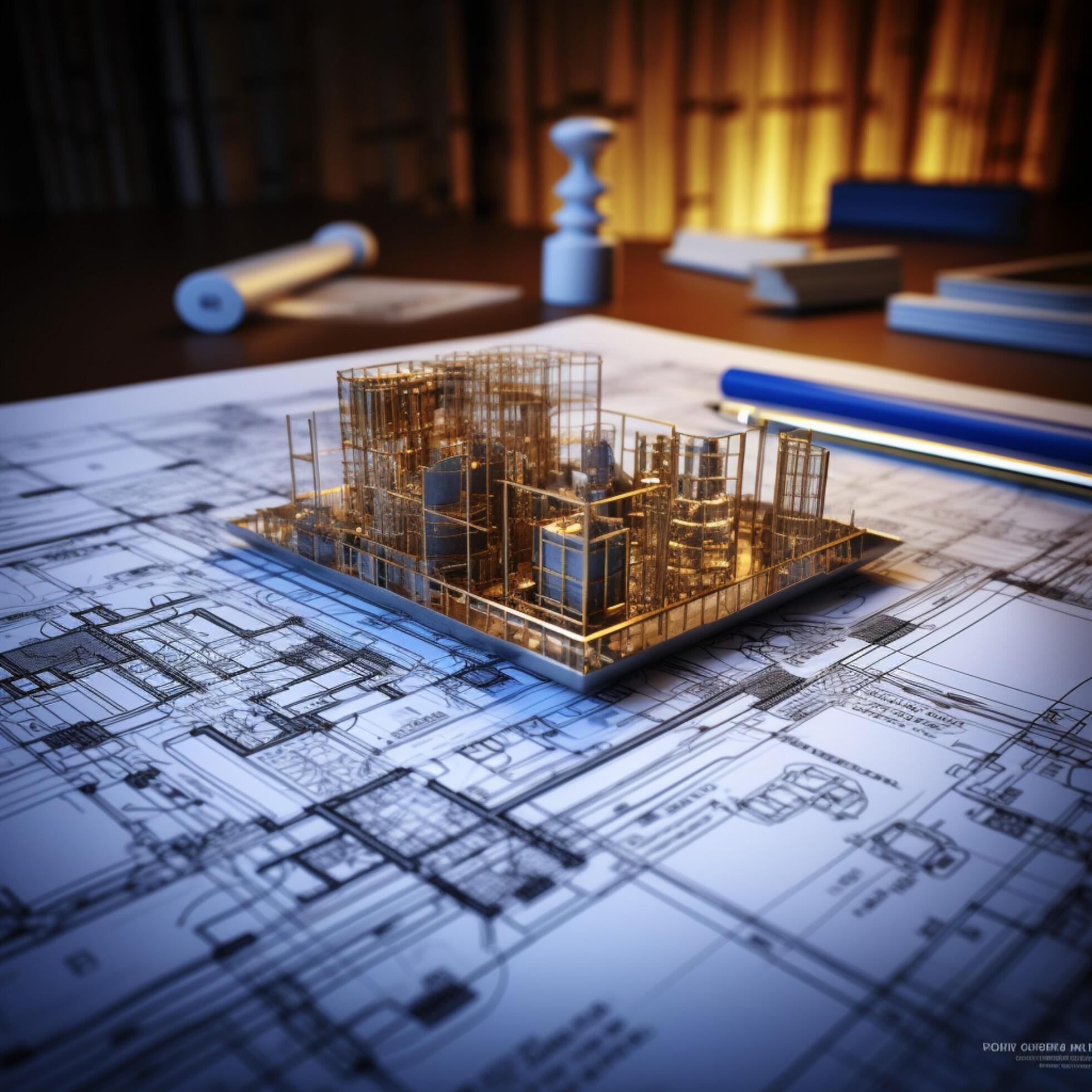 Architects Workspace Blueprint Rolls Elegantly Positioned On Table