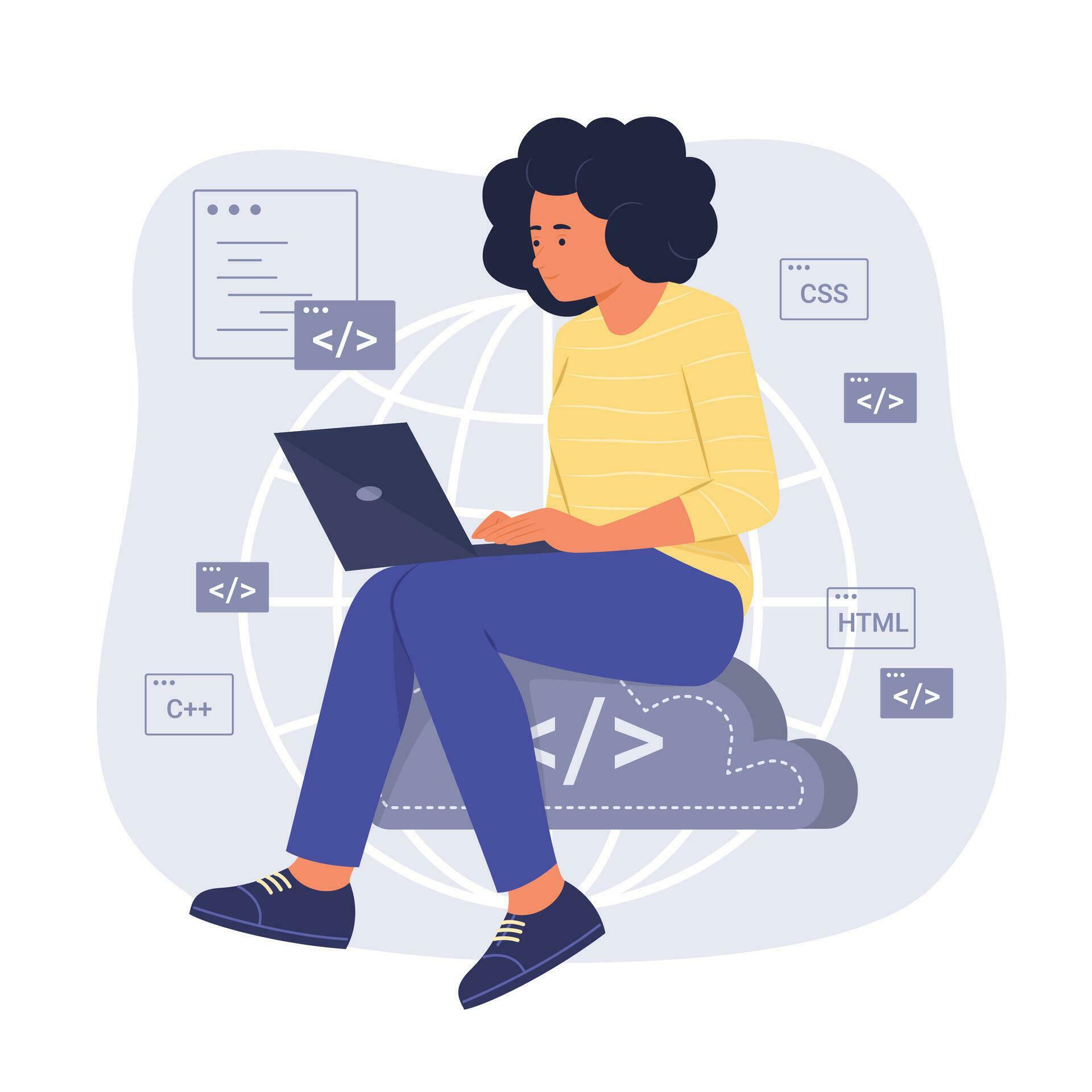 Programmer Woman Sitting On Cloud Computing Symbol And Process Coding 1041