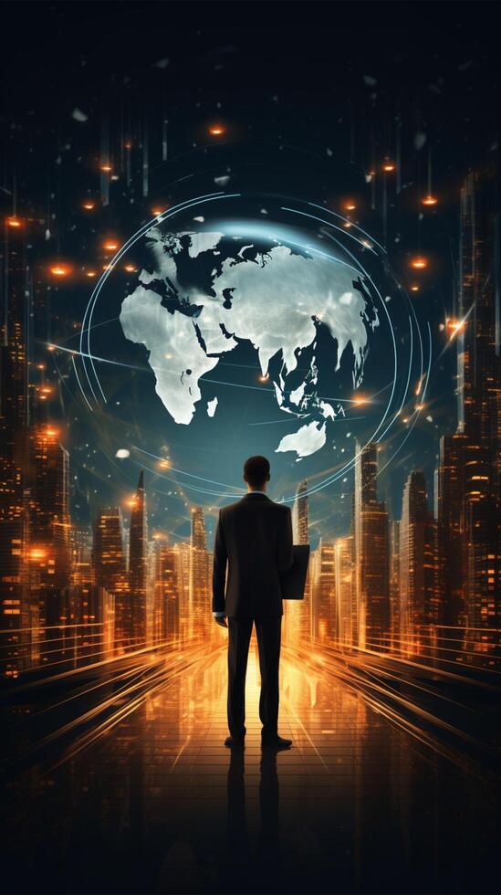 Global tech savvy CEO navigating digital marketing across international landscapes Vertical ...