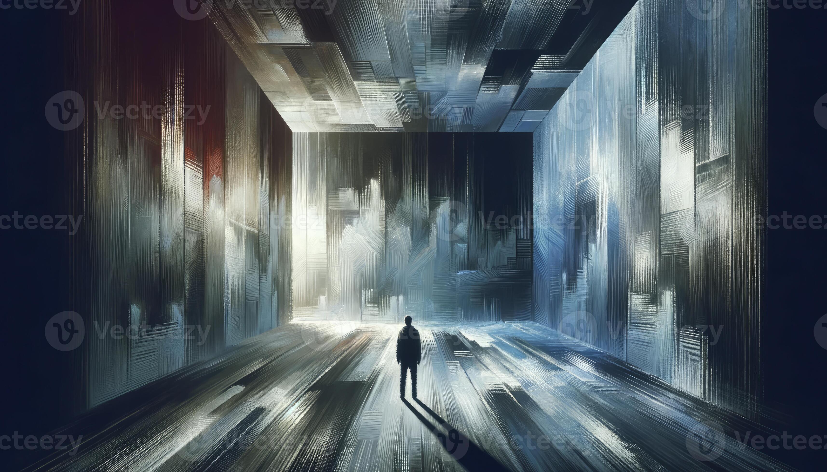 A portrayal of a person standing alone in a vast, empty room, emphasizing feelings of isolation ...