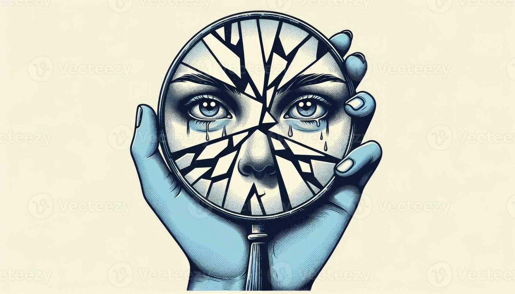 A hand holding a shattered mirror, with fractured pieces reflecting a range of emotions and the ...