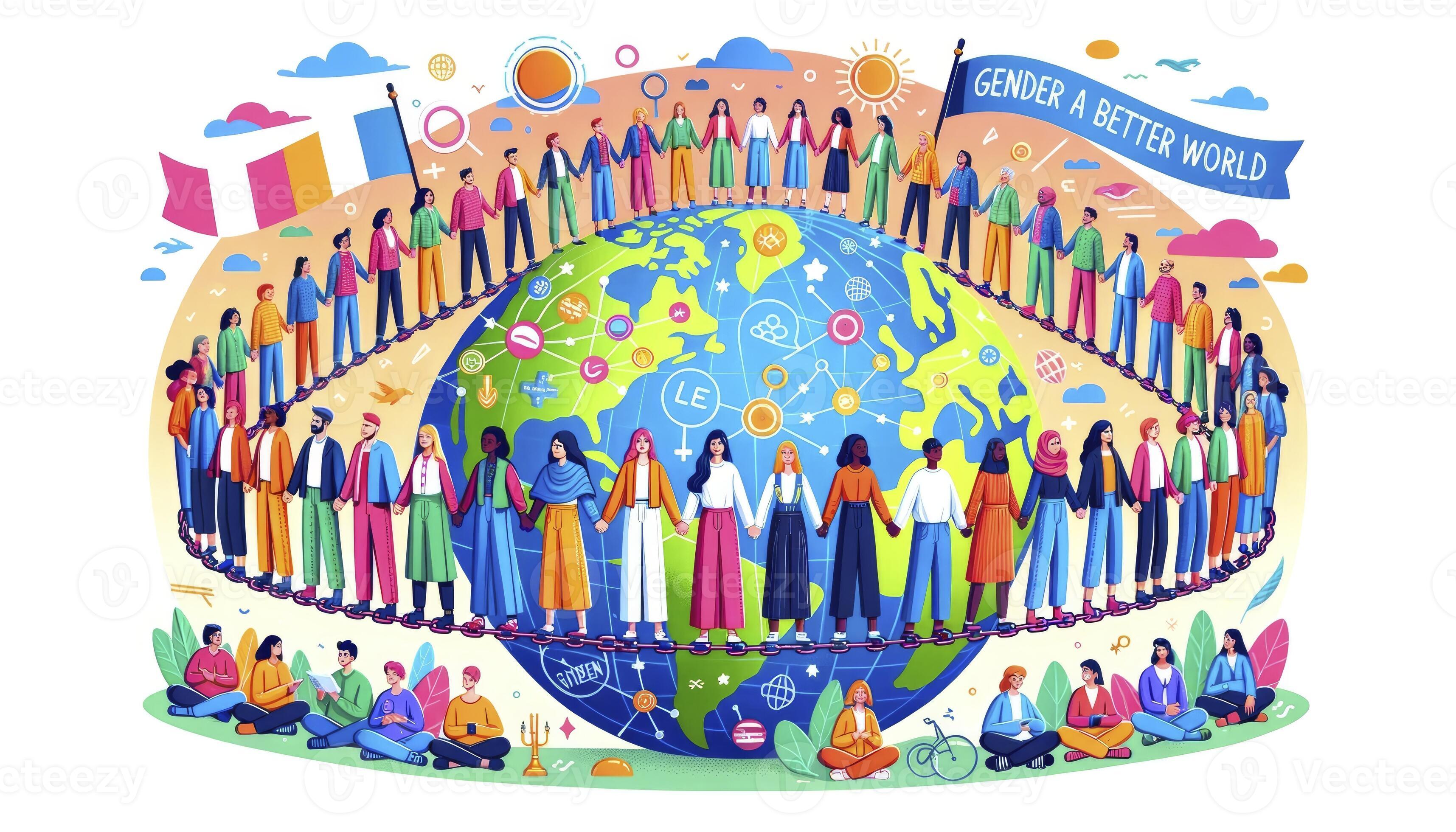 An illustration of diverse individuals standing together around a globe, emphasizing unity ...