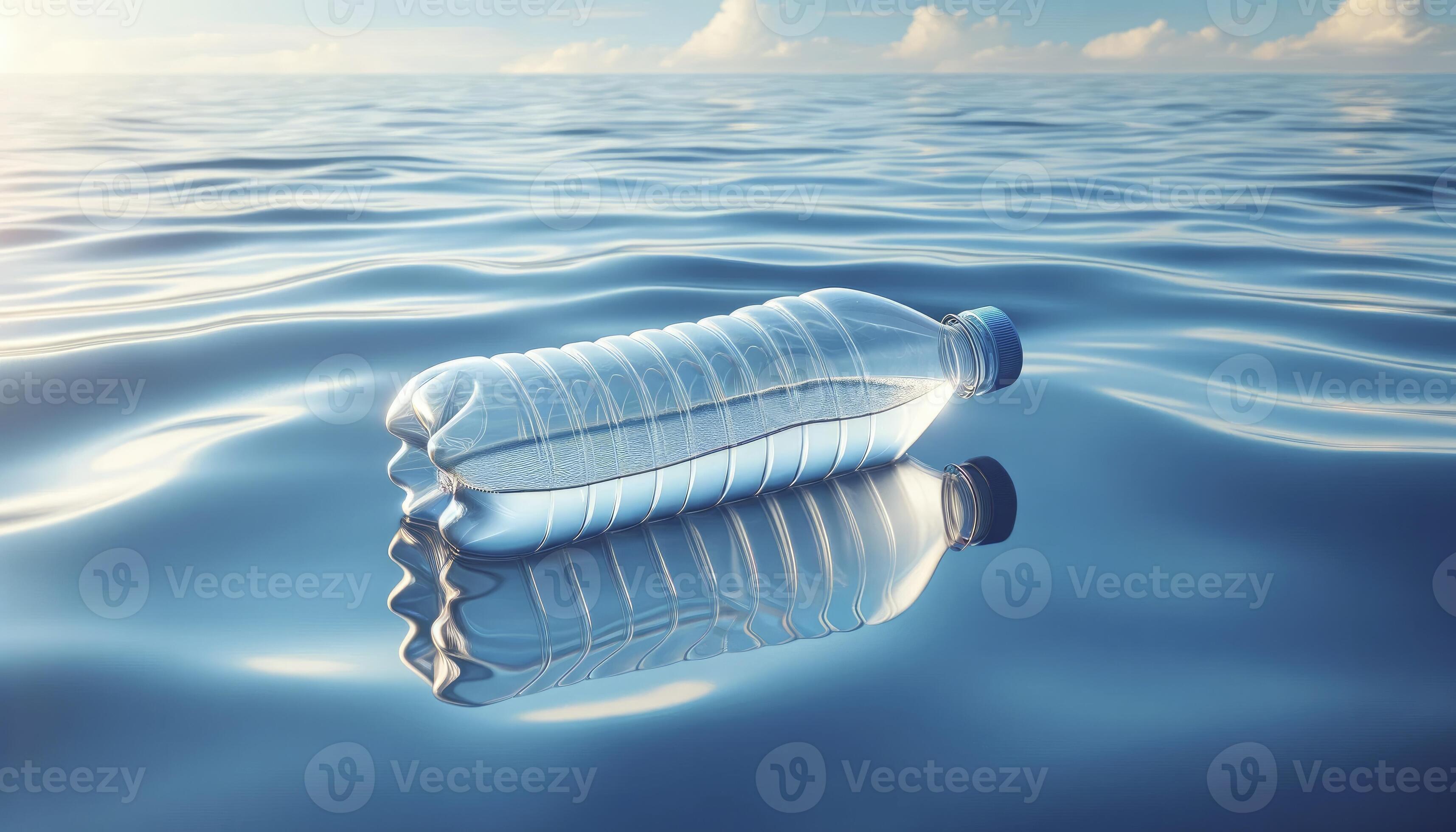 Clear plastic bottle floating on calm blue water, reflecting the sky above. The bottle is ...