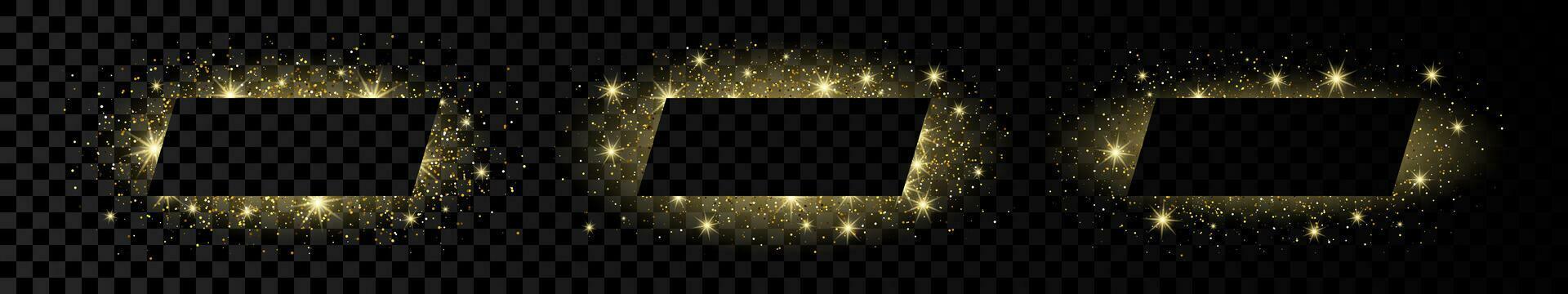 Set of three golden rectangle frames with glitter, sparkles and flares on dark background. Empty ...