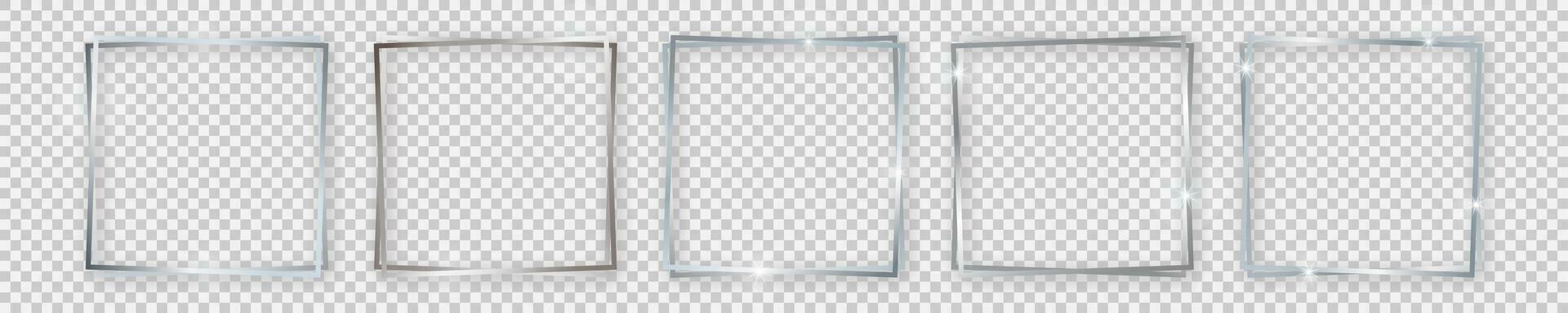 Set of five double silver shiny square frames with glowing effects and shadows on background ...