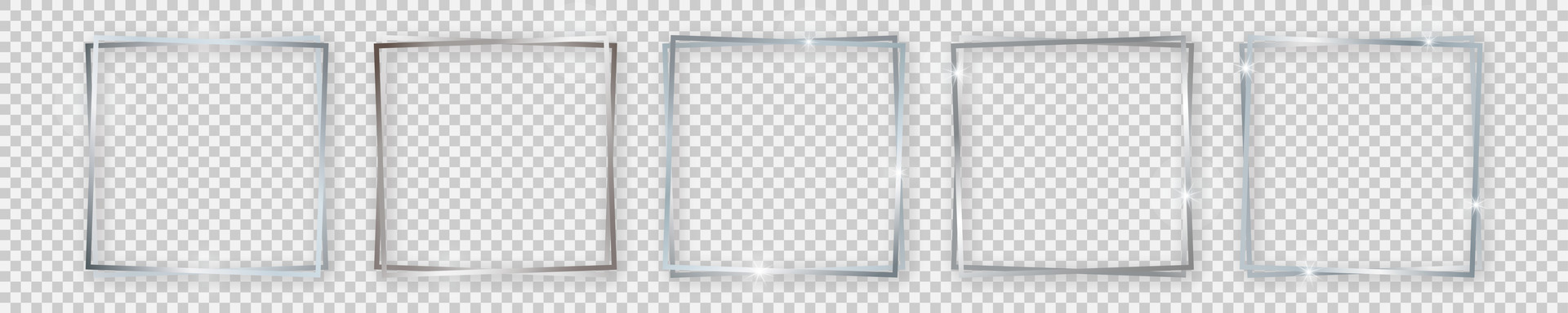 Set of five double silver shiny square frames with glowing effects and shadows on background ...