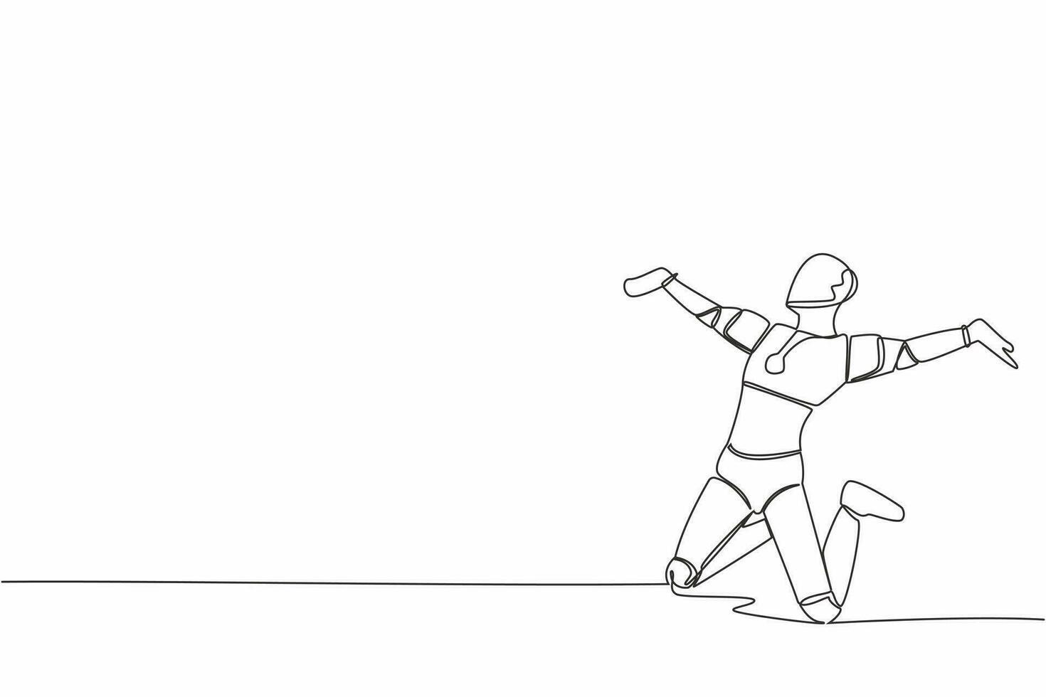 Single continuous line happy robot jumping with raised legs and spread ...