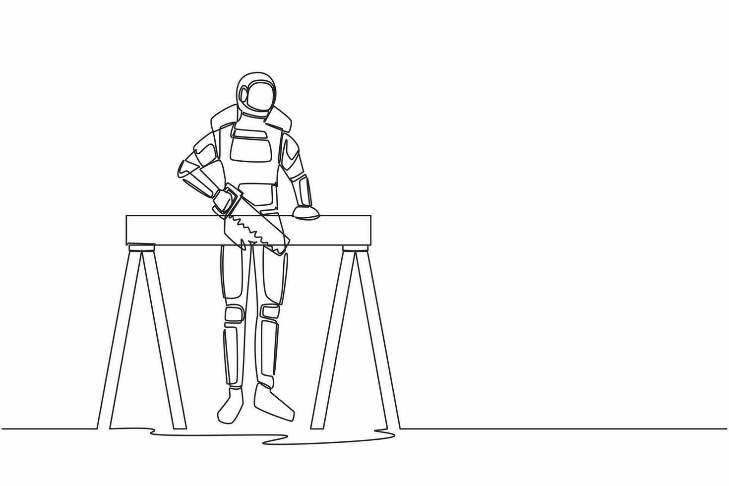 Continuous one line drawing astronaut builder or carpenter sawing wooden boards. Spaceman ...